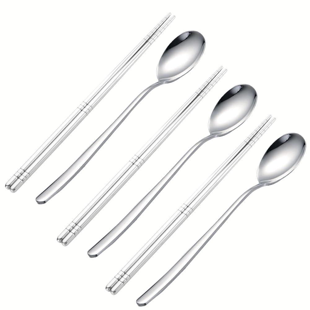 Spoon And Chopsticks Set, 3 Pair Stainless Steel Metal Chopsticks Spoo ...