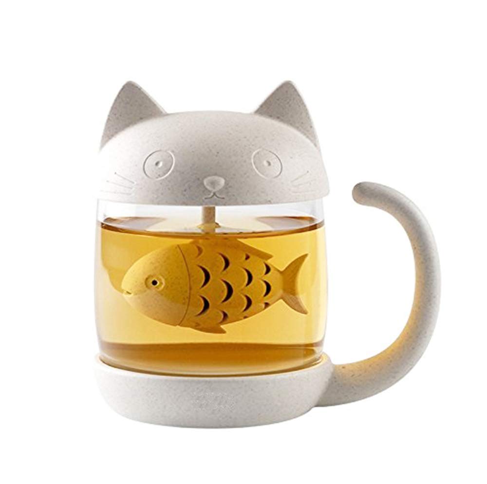 Cute Cat Glass Cup Tea Mug With Fish Tea Infuser Strainer Filter ...