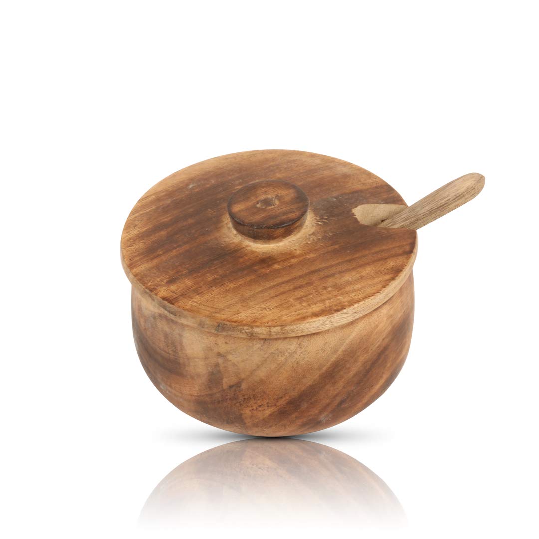 Decorative Rustic Wooden Sugar Bowl & Spoon With Lid Wide Mouth Candy ...
