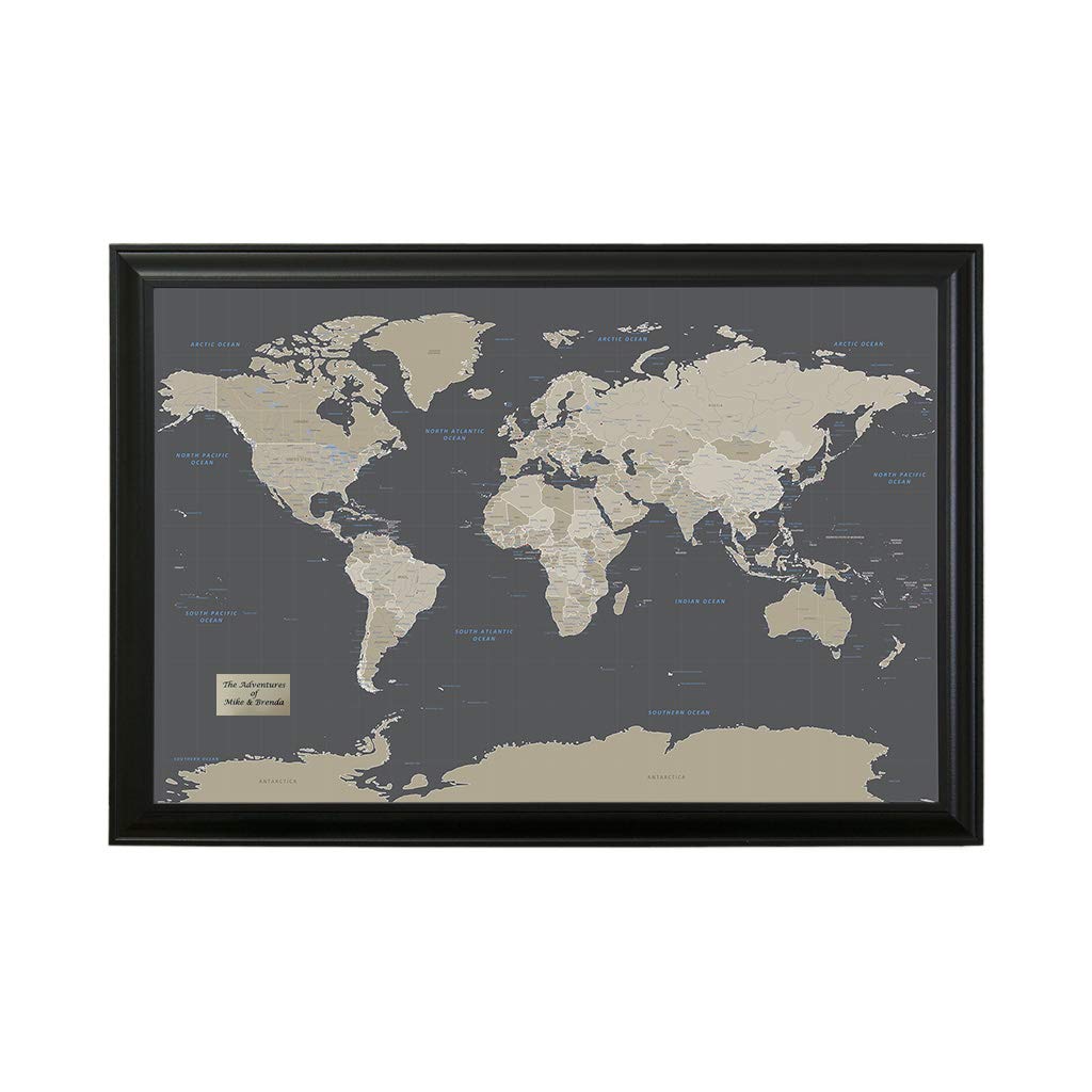 Push Pin Travel Maps - Earth Toned World - Black Frame Framed Pin Map ...