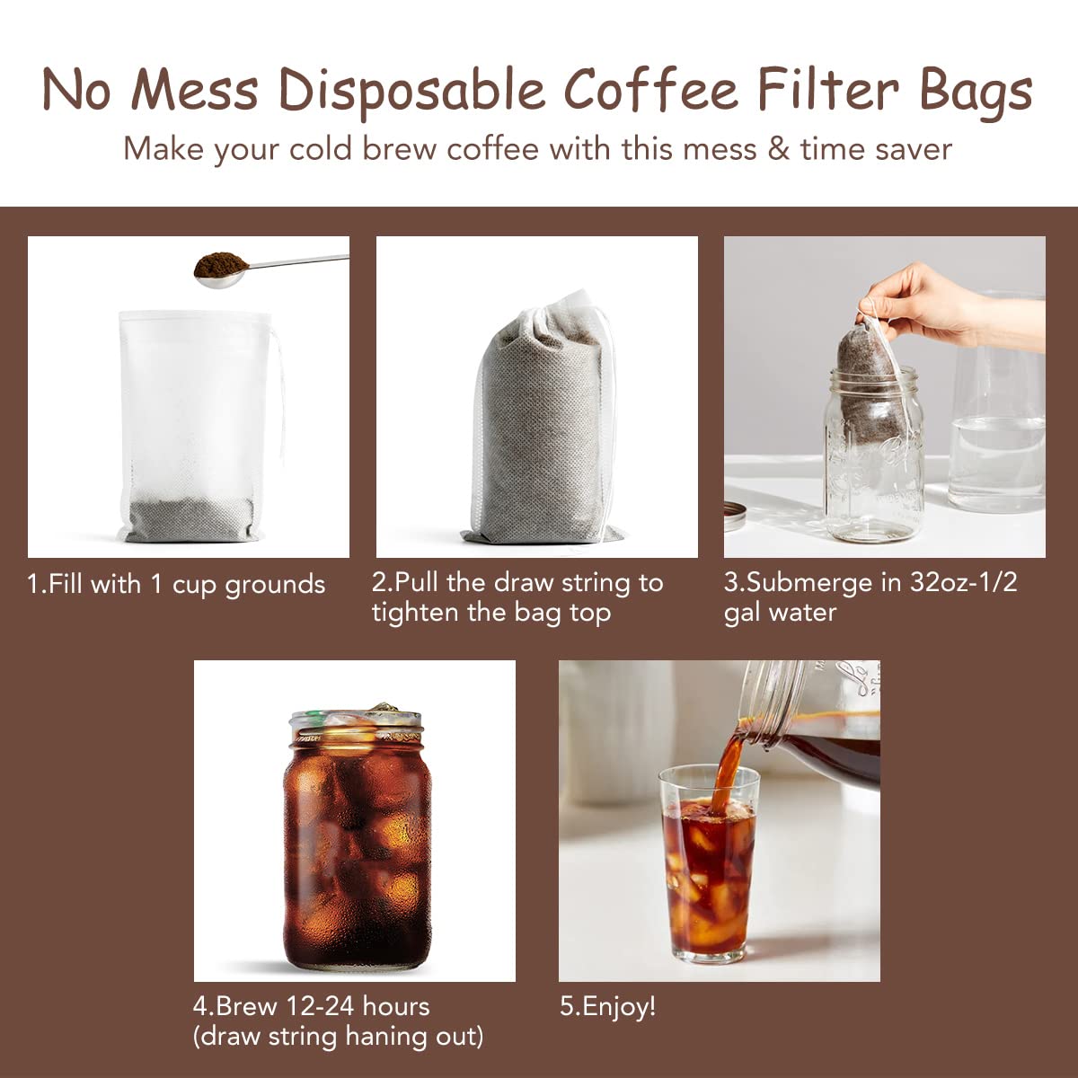 No Mess Cold Brew Coffee Filters - 120 Count Disposable Fine Mesh Brew ...