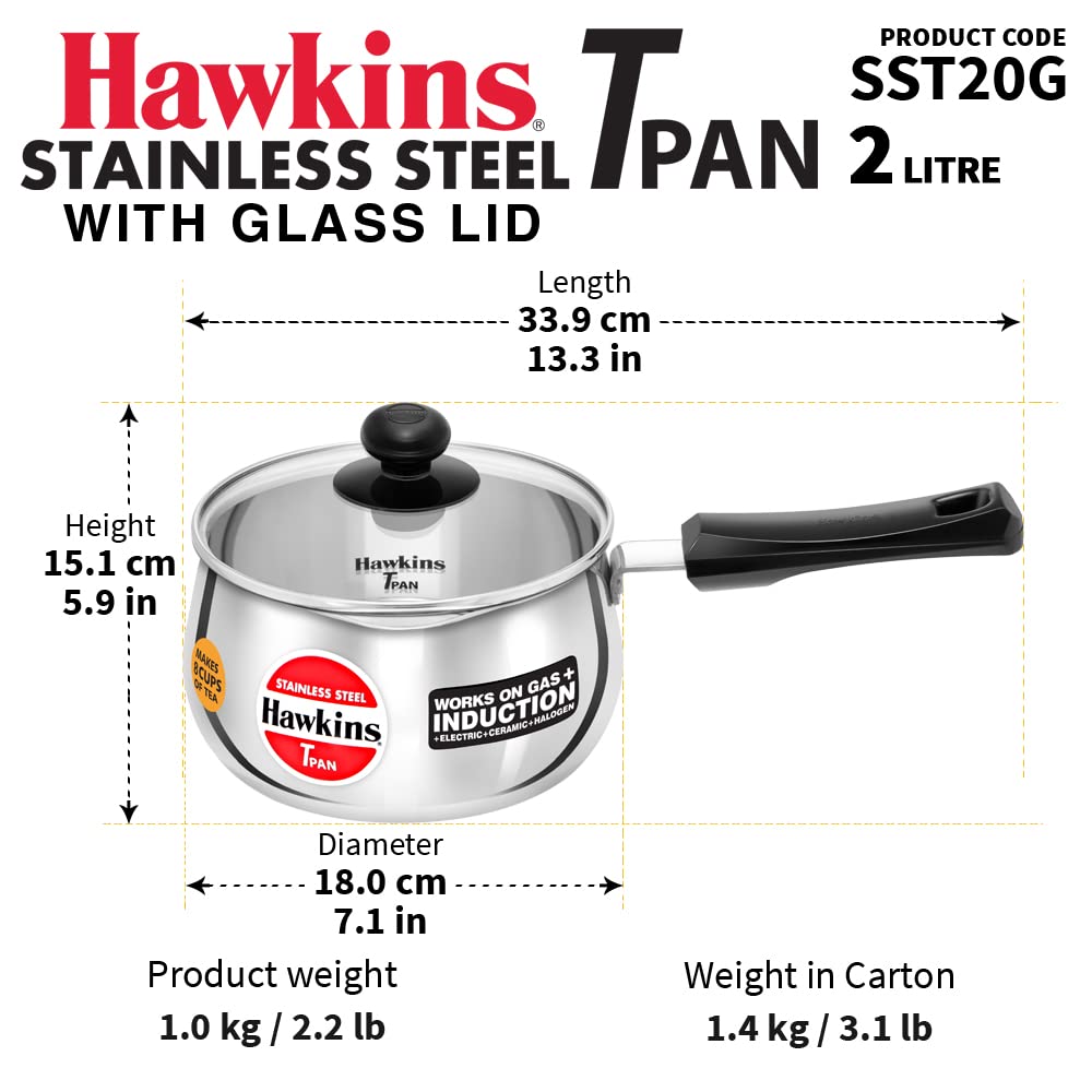 HAWKINS 2 Litre Stainless Steel TPan with Glass Lid, Induction Saucepa ...