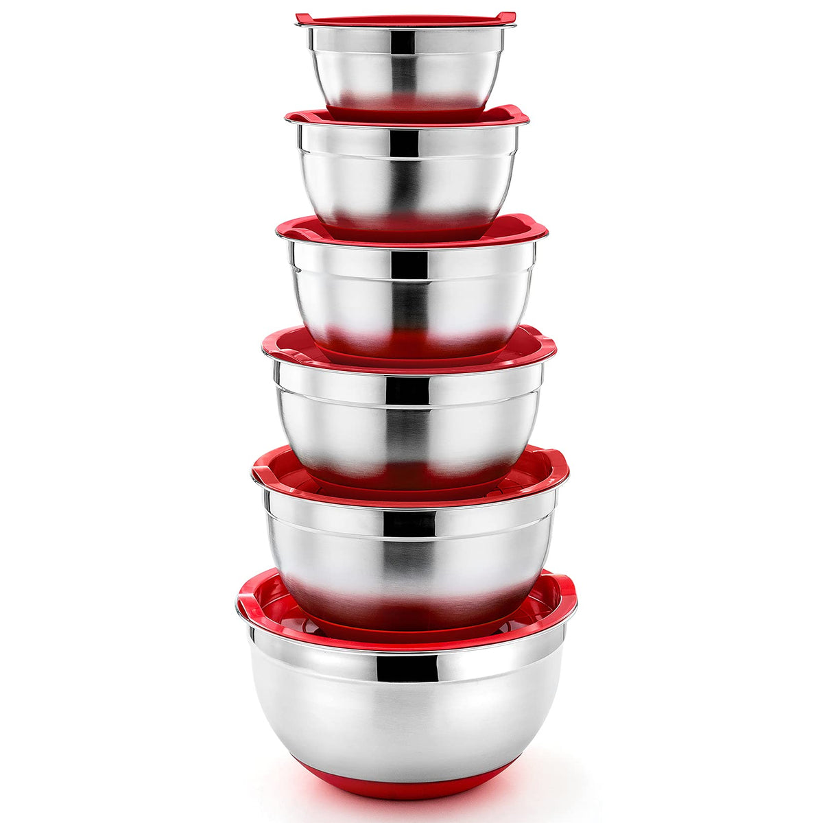 P&P Chef Red Mixing Bowls With Lid Set, Stainless Steel Nesting Salad ...