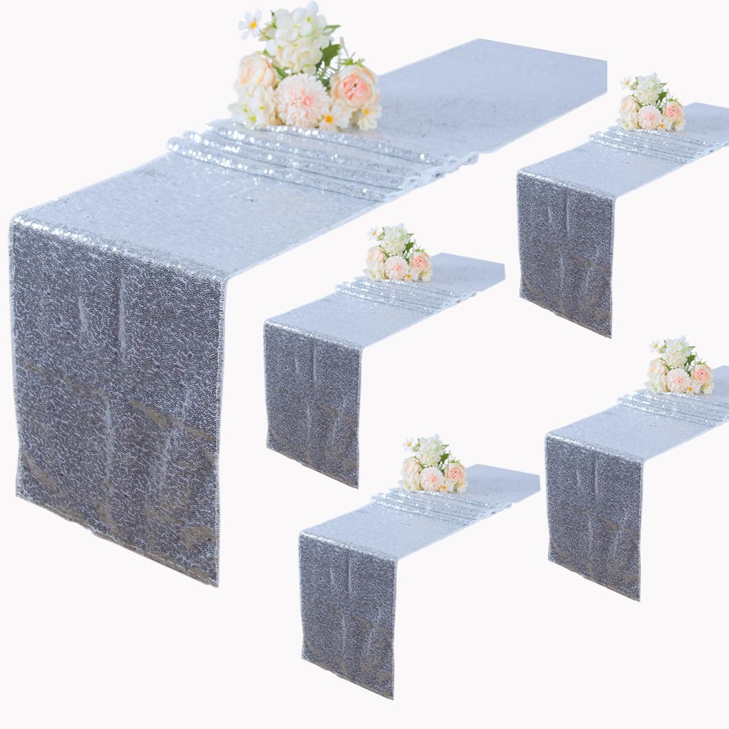 Silver Sequin Table Runners 12X108 Inches 5 Pack Christmas Table Runne ...