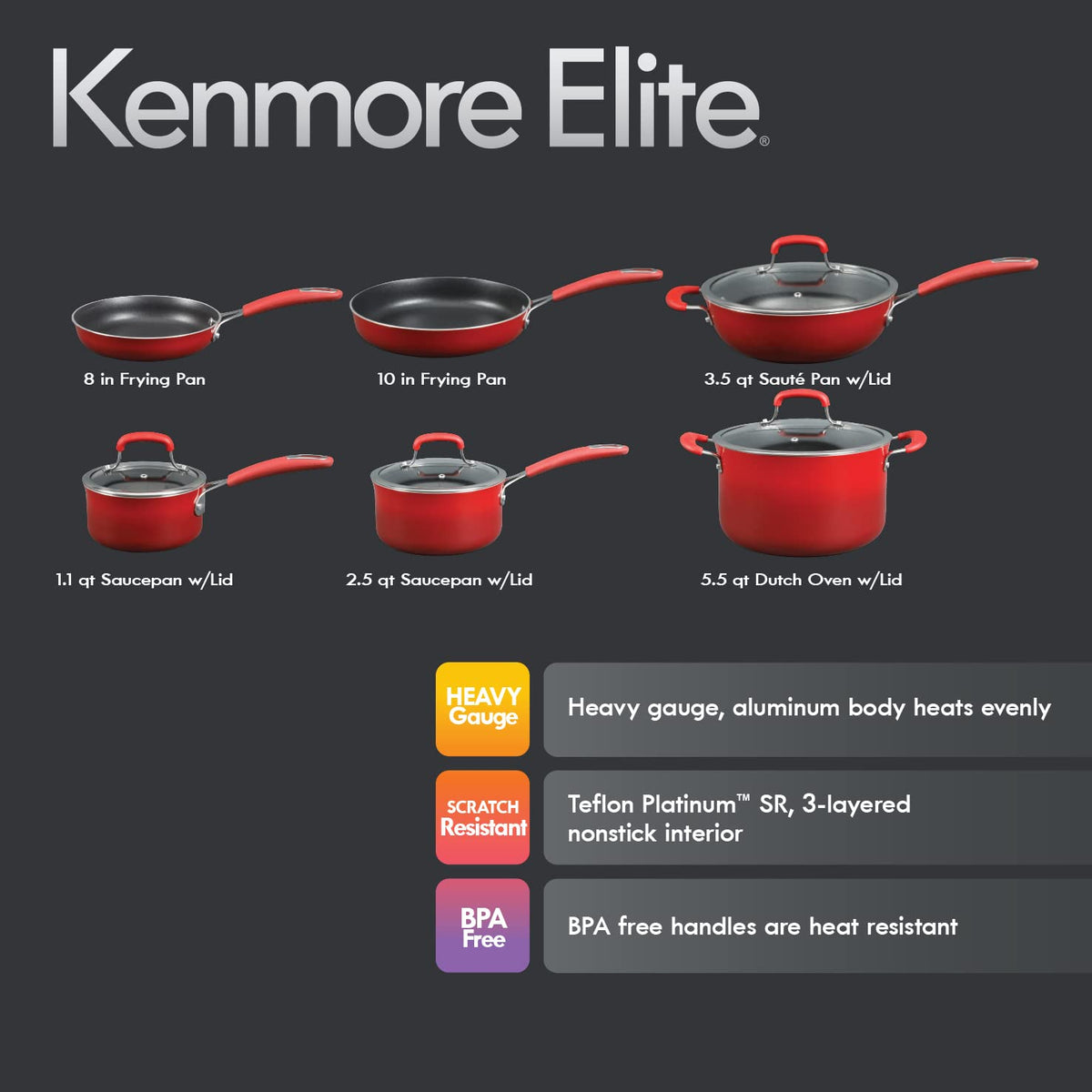 Kenmore Elite Andover Nonstick Platinum Forged Aluminum Cookware Set ...