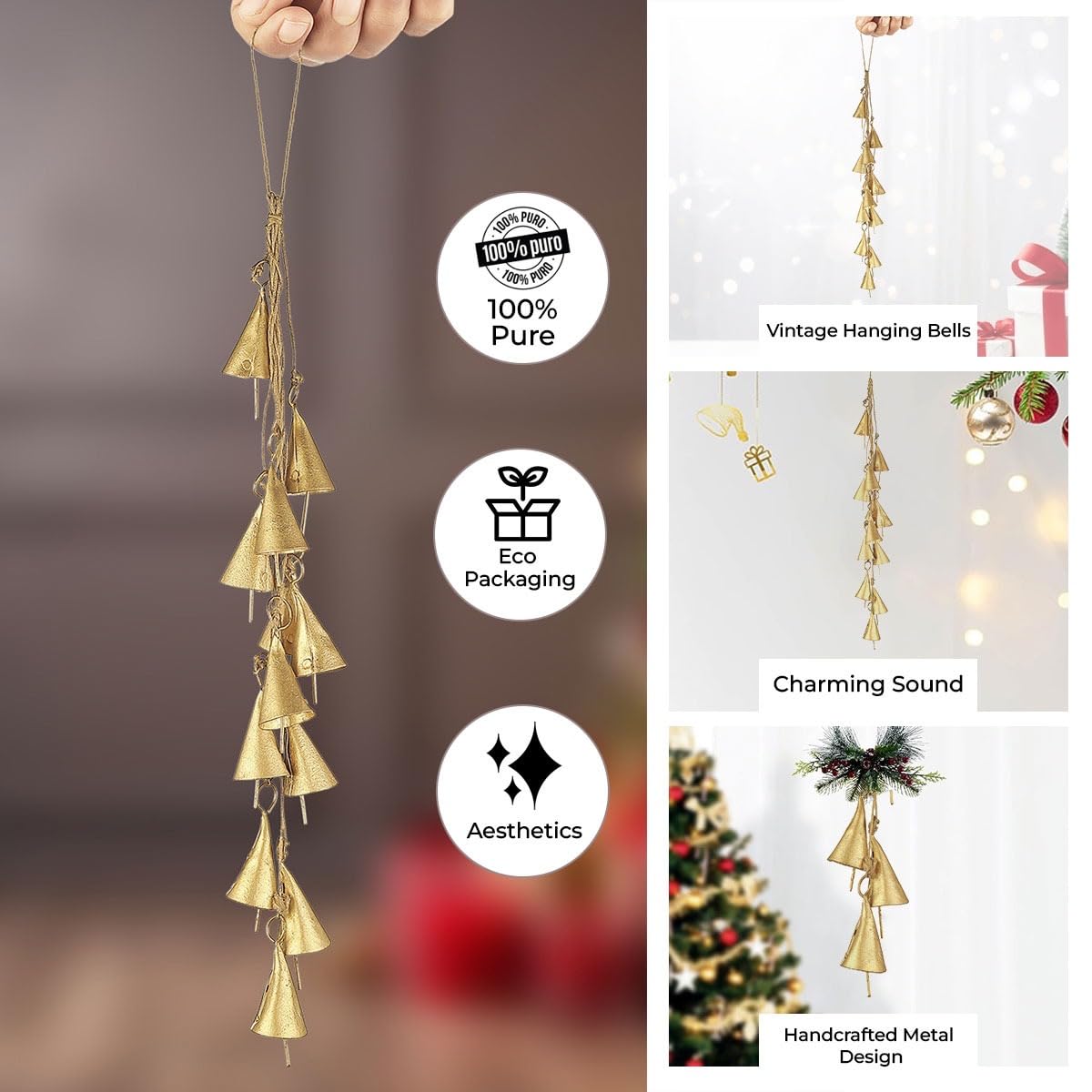 Bellshub Hanging Metal Bell Cluster with Jute Rope - Handmade Rustic C ...