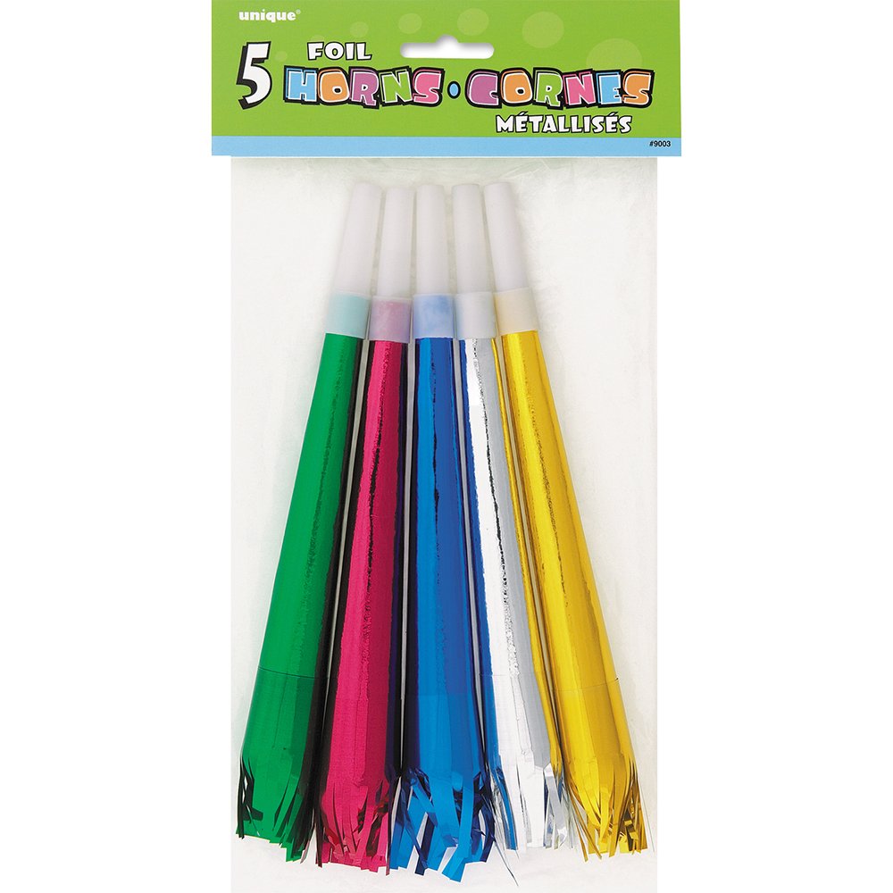 Multicolor Festive Foil Party Horns - 6'' (5 Ct) - Celebration Noise M ...