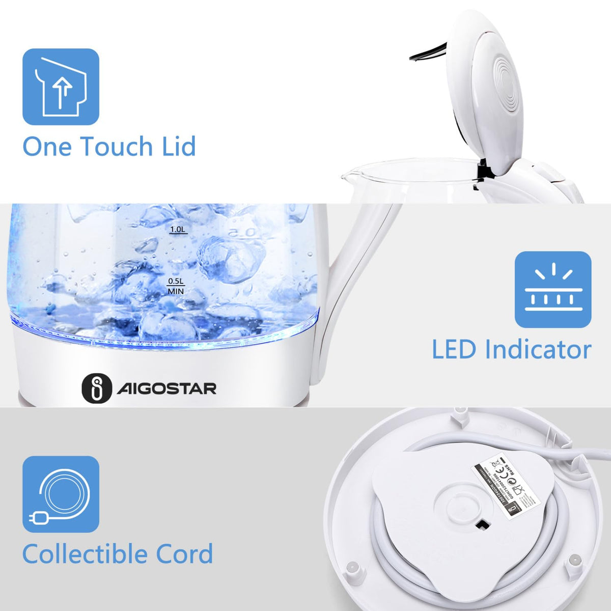 Aigostar Electric Kettle, 1500W Cordless Electric Tea And Hot Water Ke ...