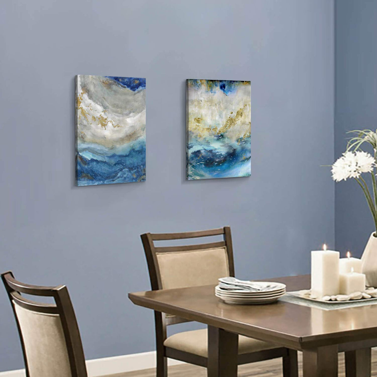 Blue Abstract Canvas Wall Art: Beige Print Picture Artwork For Bathroo ...