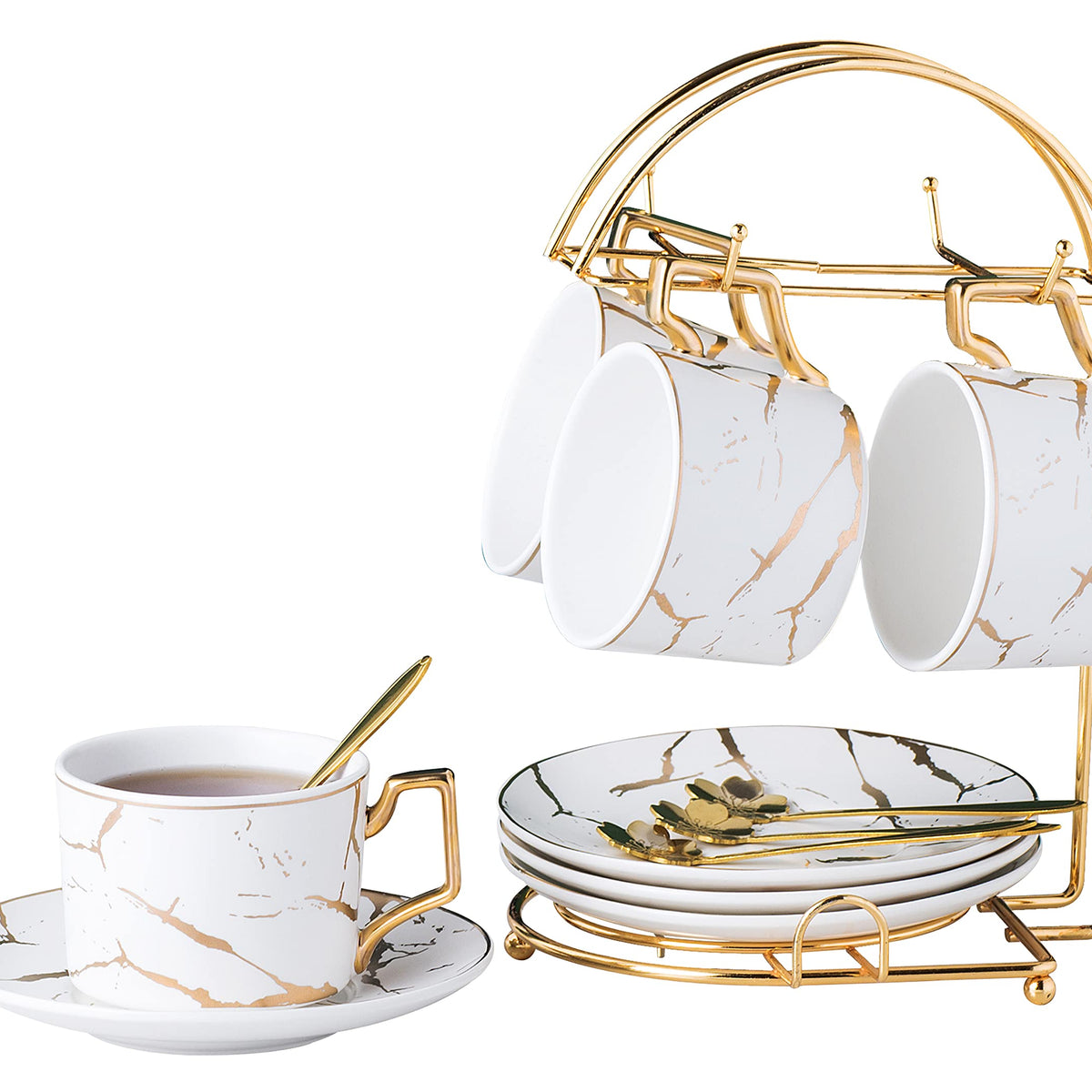 Jusalpha Serve Of 4- Hand Printed Golden Matte Ceramic Marble Tea Coff ...