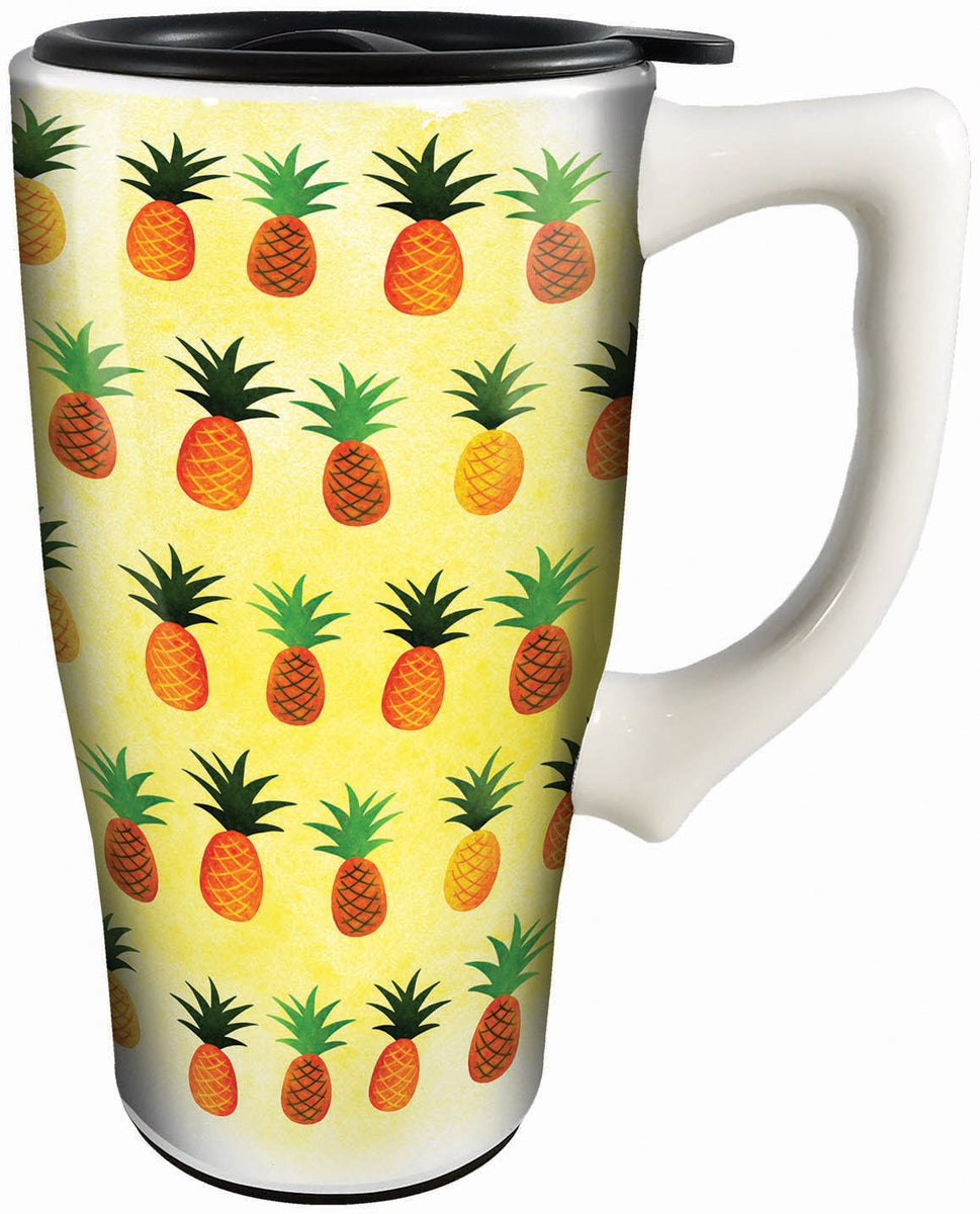 Spoontiques Pineapples Ceramic Travel Mug Yellow/White 18 ounce ...
