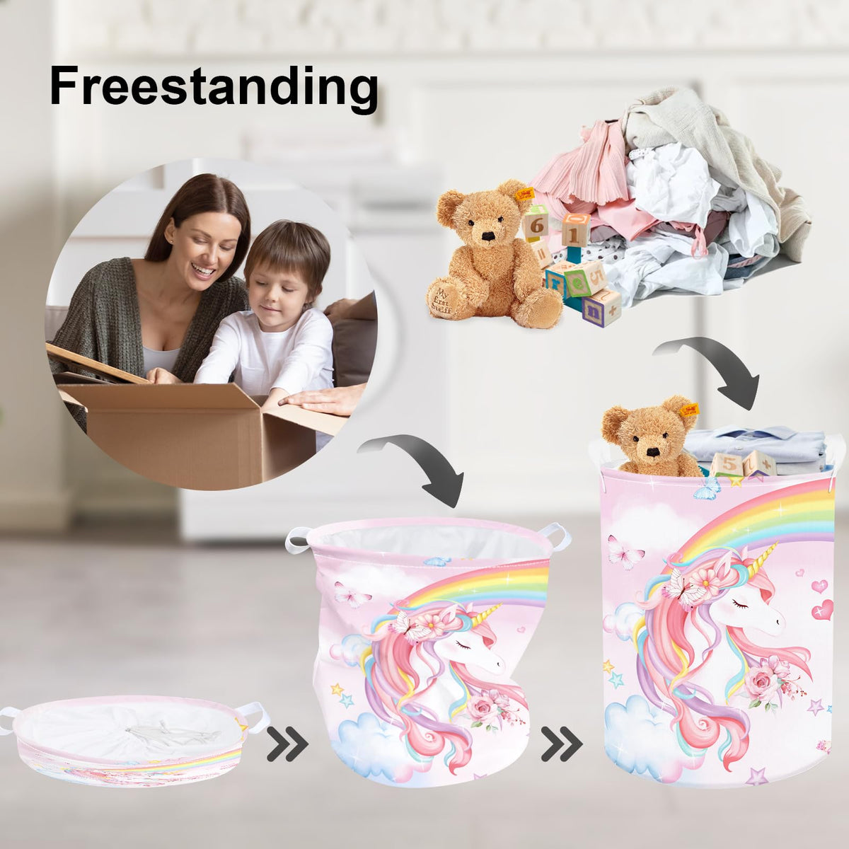 Clastyle Large Rainbow Unicorn Kid Laundry Hamper For Girl Collapsible ...