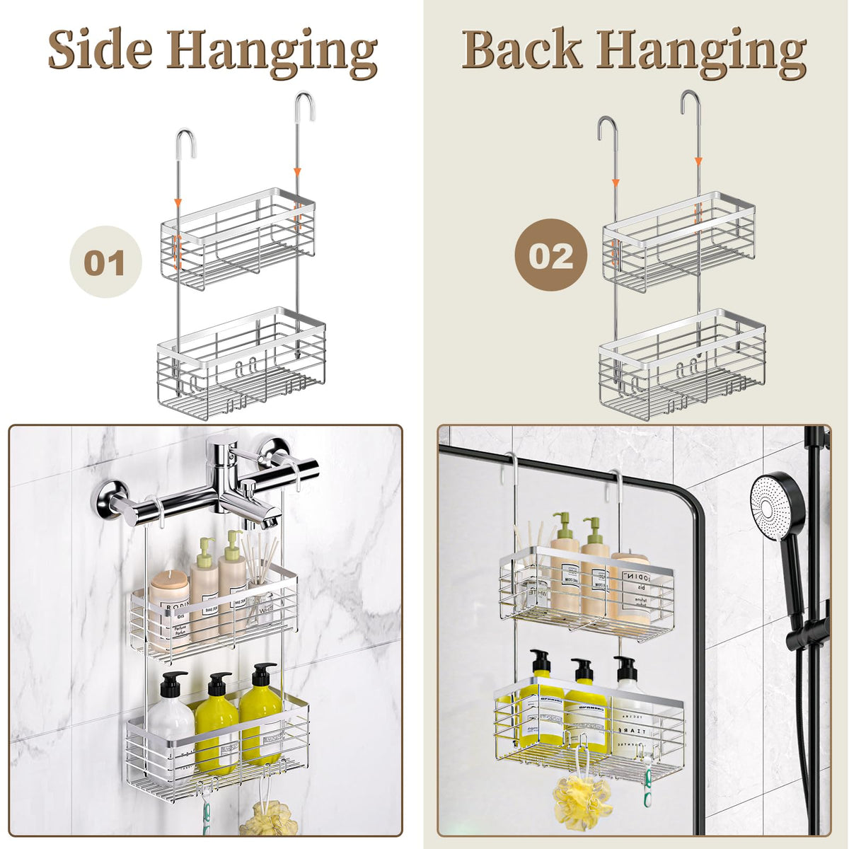 DELLAN 2-Tier Hanging Shower Organizer Rack, Over the Door Caddy, Silv ...