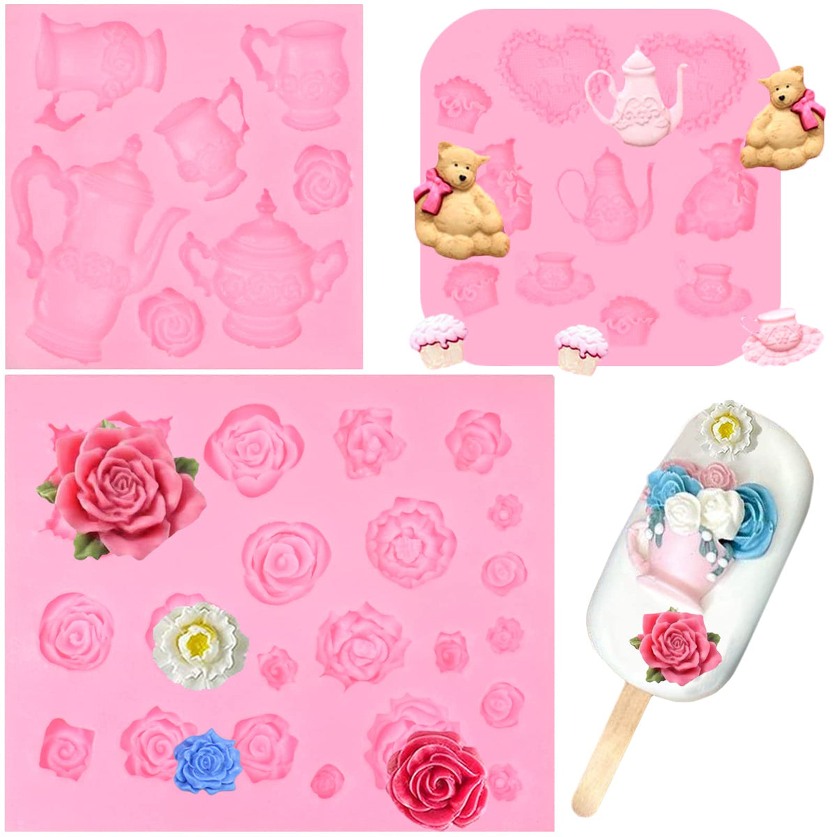 Tea Party Cake Silicone Mold 3 Pcs, Teapot Tea Cup Fondant Molds Rose ...