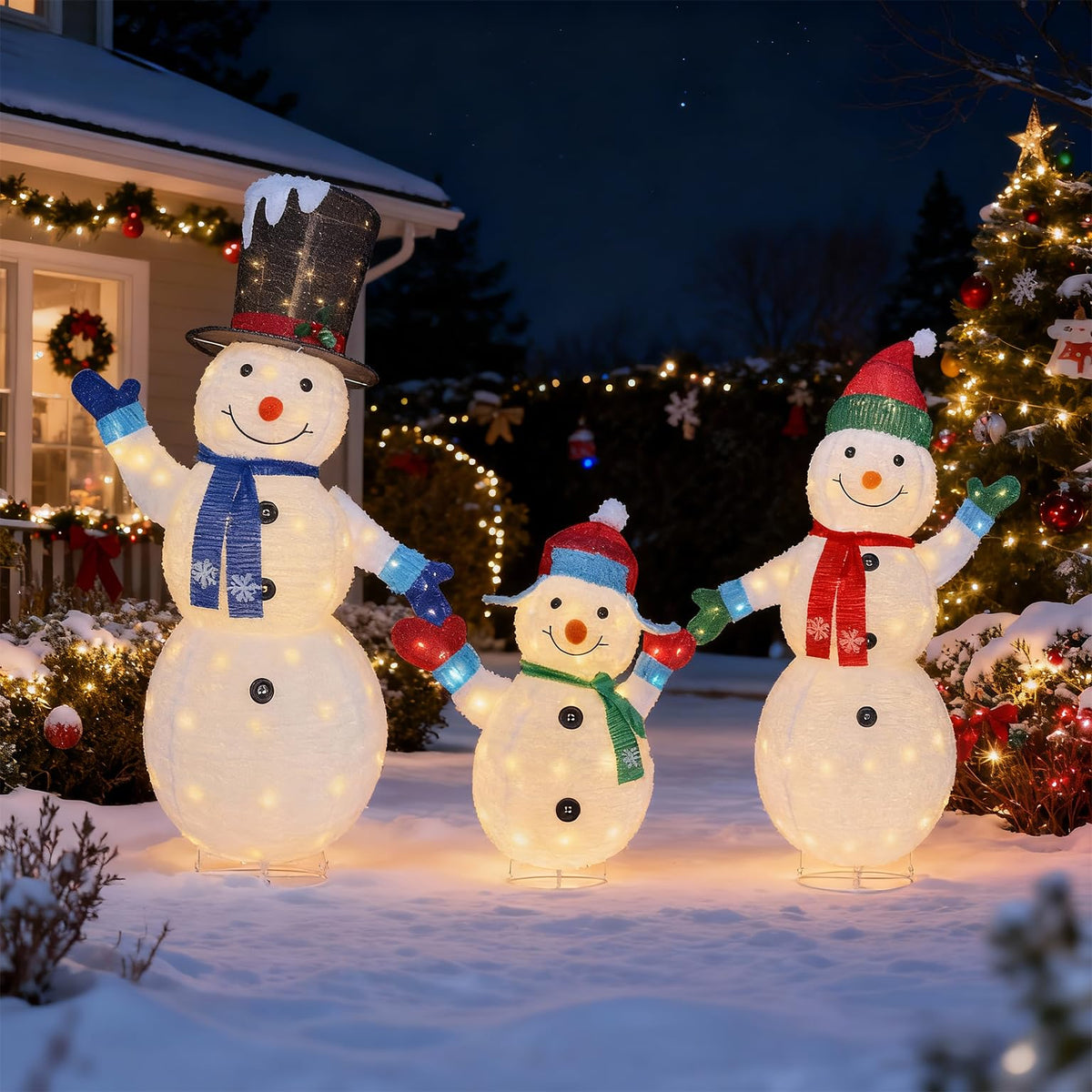 Christmas Snowman Lantern Set - 3-Piece Outdoor Velvet LED Lanterns wi ...
