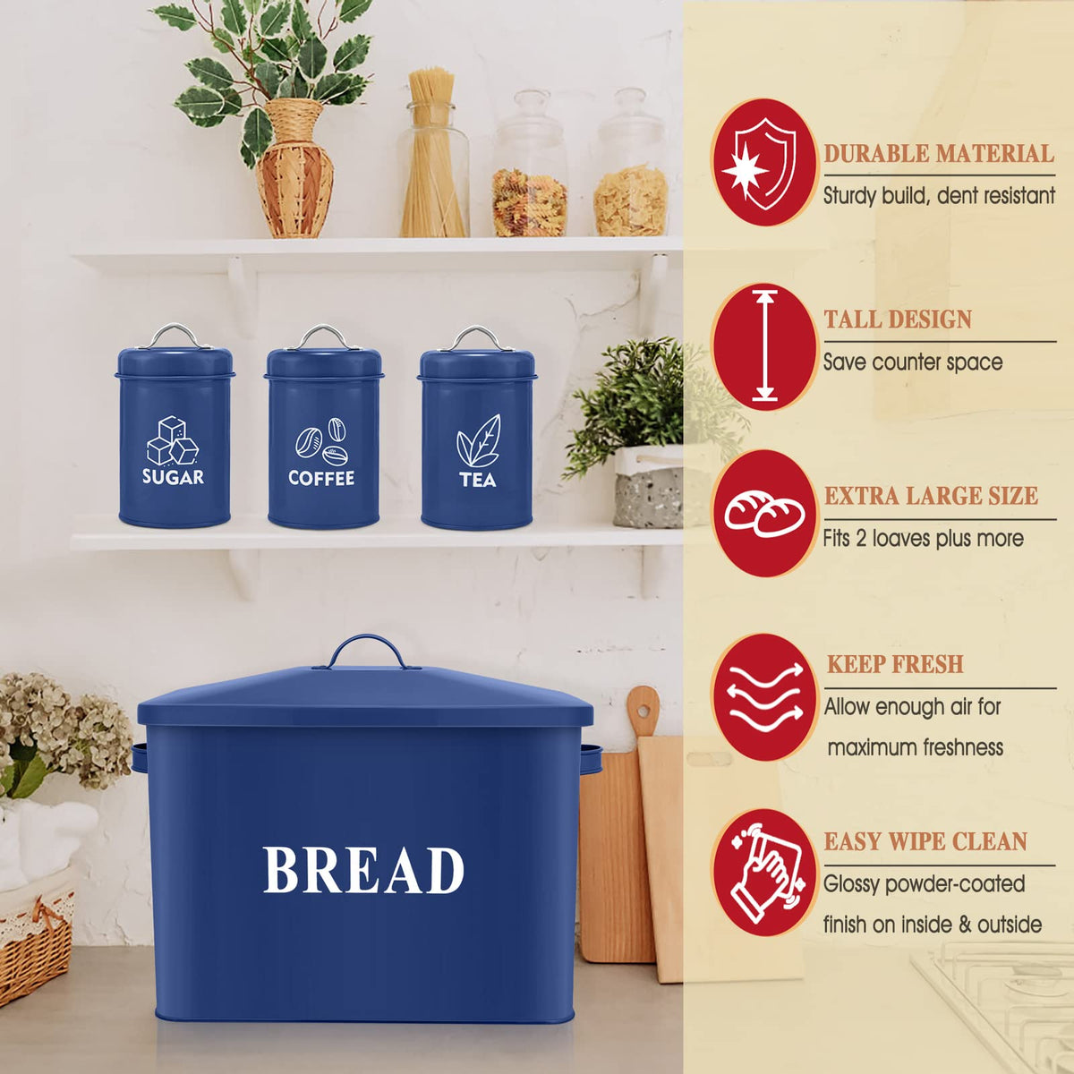 Navy Blue Bread Box With Canister Sets For Kitchen Countertop, E-Far M ...