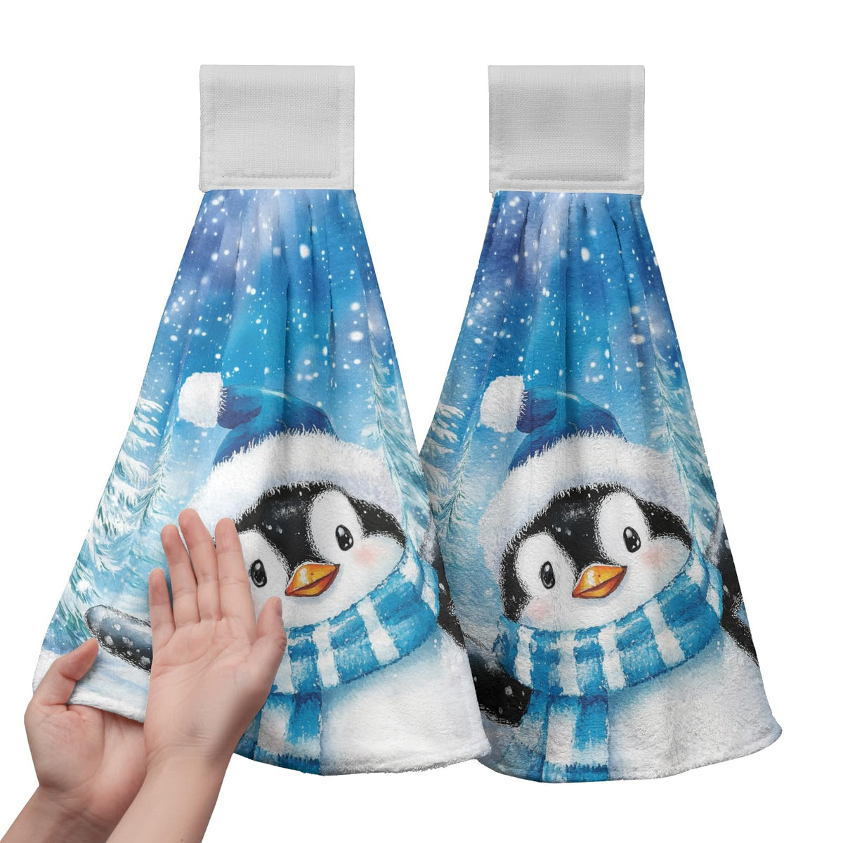 Winter Penguin Blue Kitchen Hanging Towels Set Of 2 Cute Snowman Snowf ...