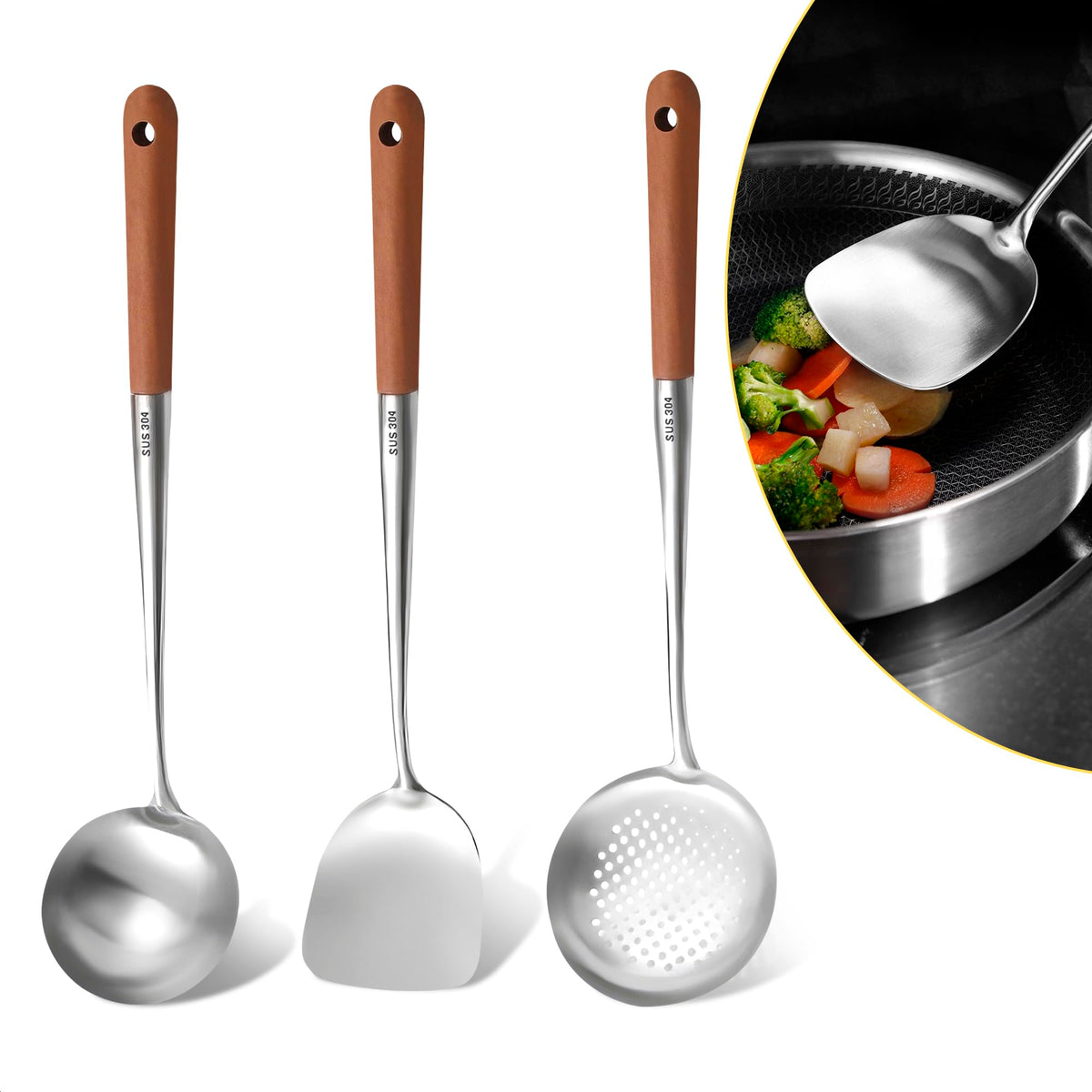 3Pcs Wok Spatula And Ladle Wok Utensils - Stainless Steel Cooking Uten ...