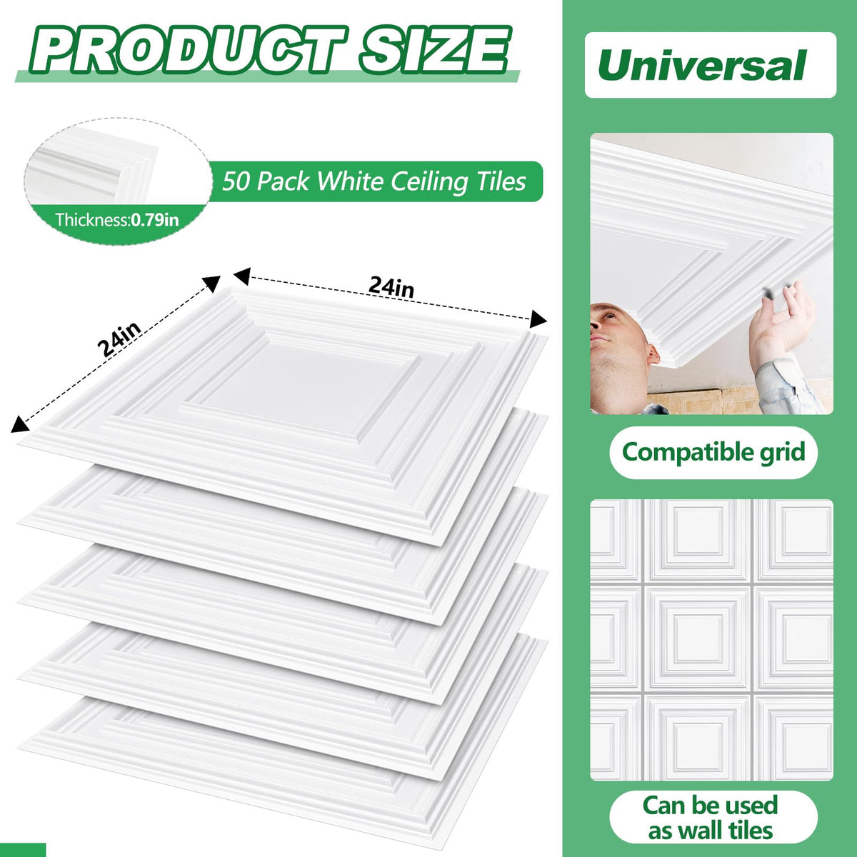 Landical 50 Pcs 2 x 2 ft White PVC Plastic Drop Ceiling Tiles 24 x 24 ...