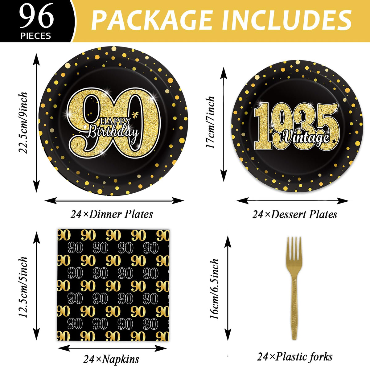 96Pcs 90Th Theme Birthday Party Tableware Vintage 1935 Party Supplies ...