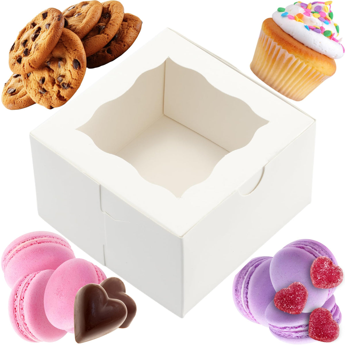 Bakeluv 4X4X2.5 Small Bakery Boxes With Window | White, 50 Pcs | Macar ...
