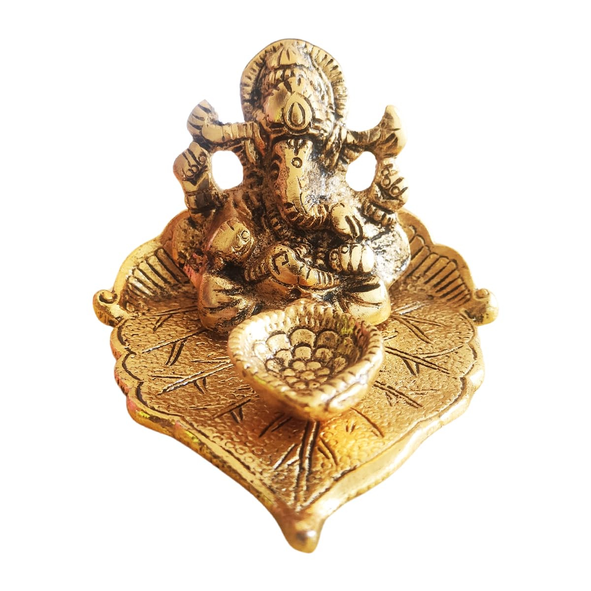 Saugat Traders Lord Ganesha On Leaf With Diya For Pooja | Brass Ganesh ...