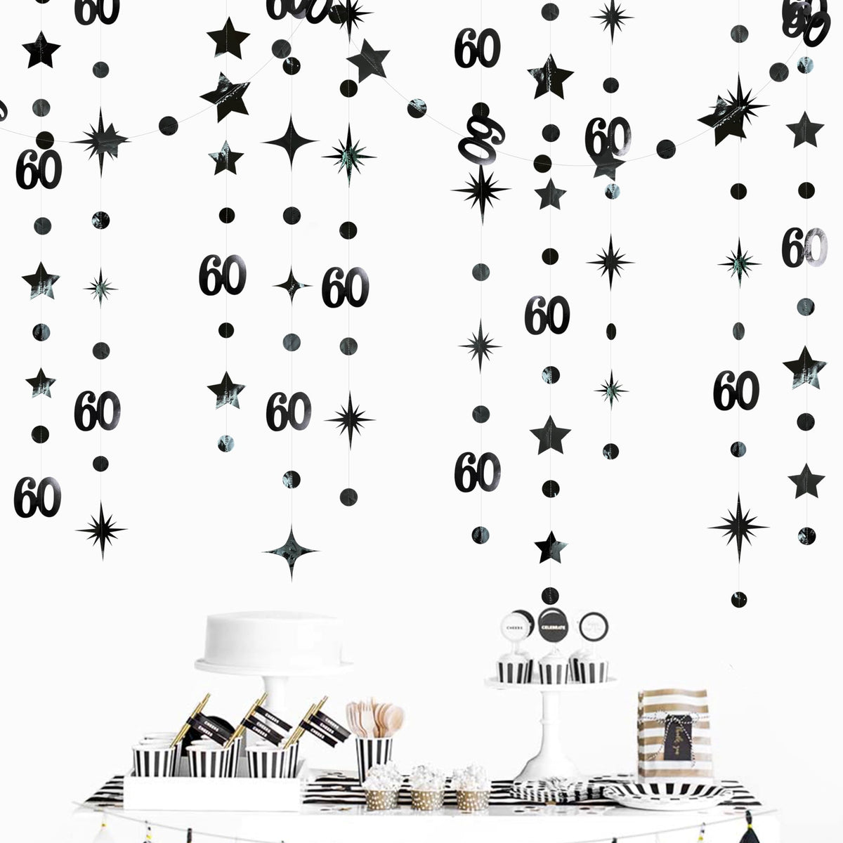 Black 60Th Birthday Decorations Number 60 Circle Dot Star Garland Hang ...