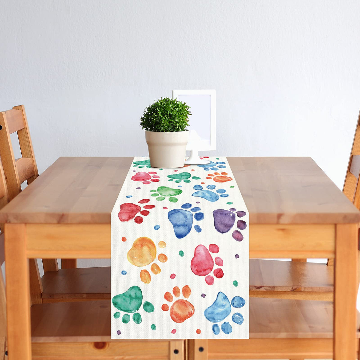 Linen Watercolor Colorful Paw Prints Table Runner Happy Birthday Table ...