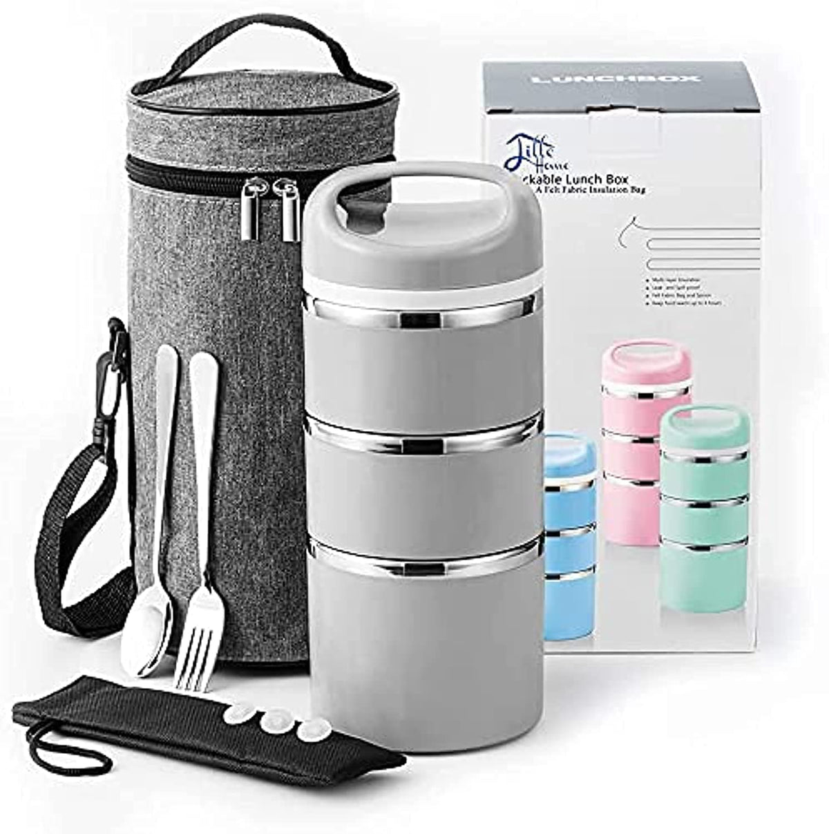 Lille Home Stackable Stainless Steel 3-Tier Lunch Box, 43OZ, Gray with ...