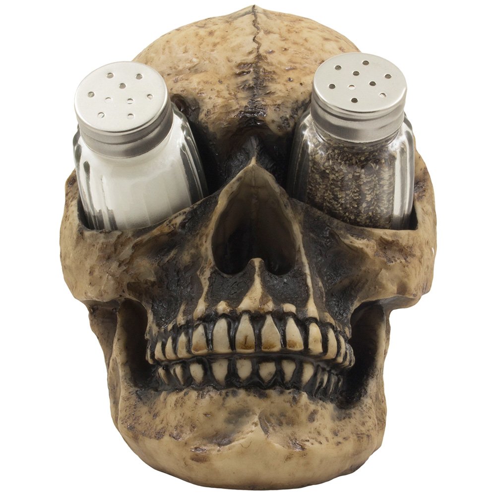 Scary Evil Human Skull Salt And Pepper Shaker Set Figurine Display Sta ...
