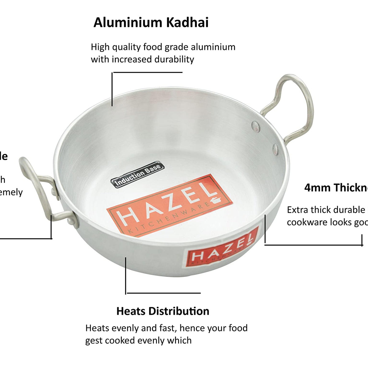 Hazel Aluminium Induction Base Kadai With Handle, 4800 Ml ...