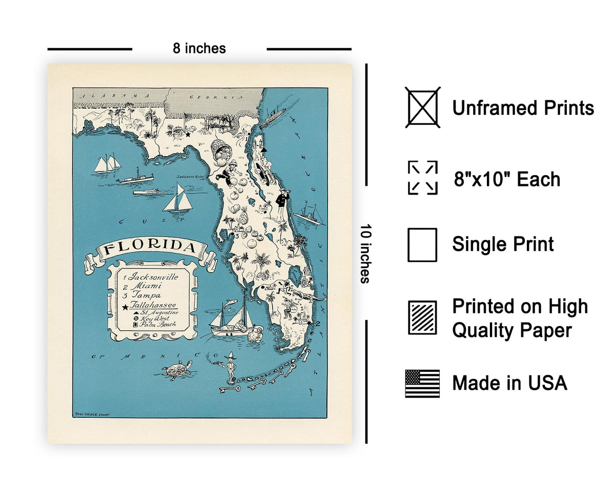 Poster Master Vintage Map Poster - Retro Florida Print - Pictorial Car ...
