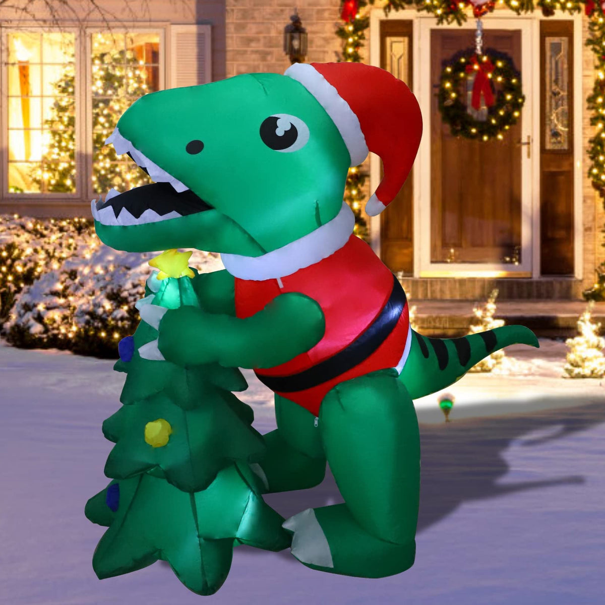 MorTime 5 FT Christmas Inflatable Dinosaur with Gift Box, Blow up Yard ...