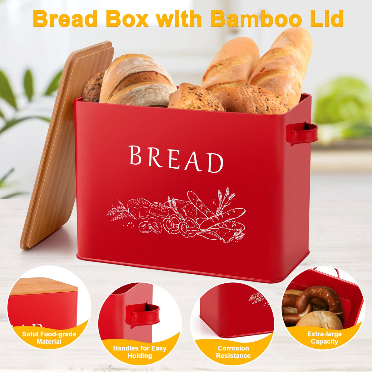 Lianyu Red Bread Box With Bamboo Lid For Kitchen Countertop, Large Far ...