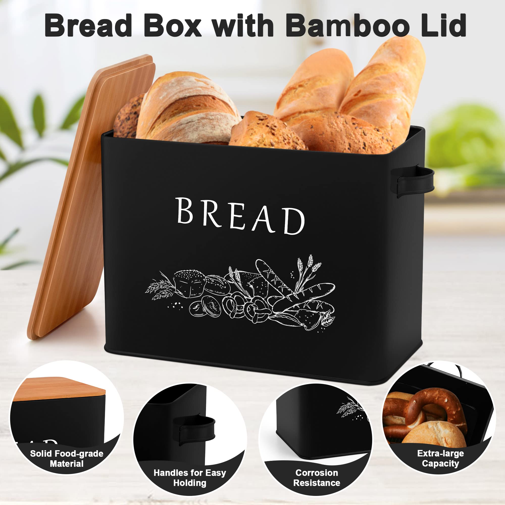 Lianyu Black Bread Box With Bamboo Lid For Kitchen Countertop, Large F ...