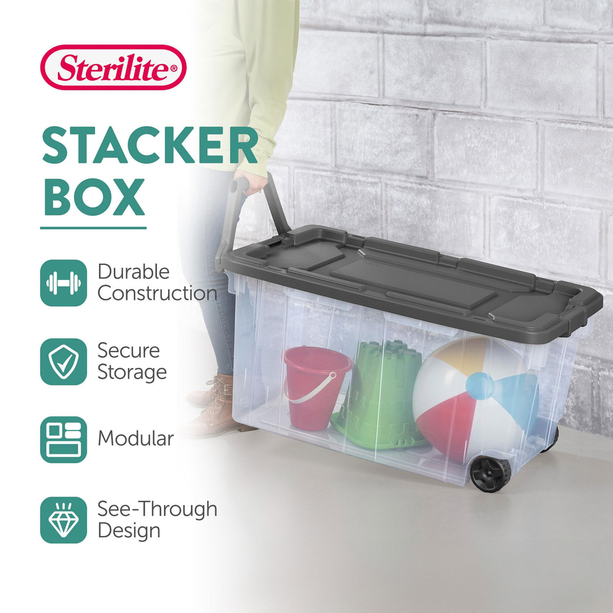 Sterilite 160 Quart Plastic Rolling Stacker Box, Lidded Stackable Stor ...
