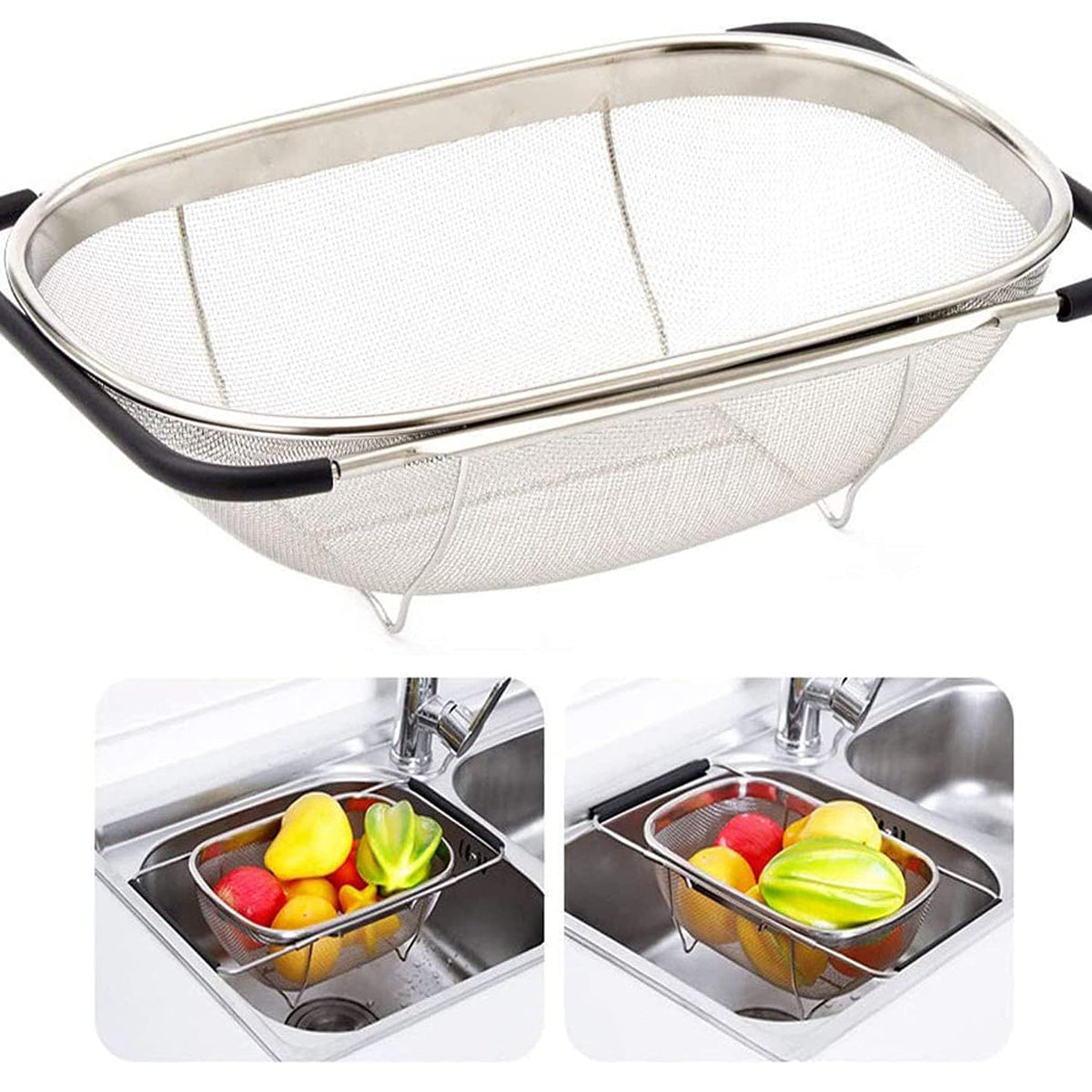 Over The Sink Stainless Steel Oval Colander with Expandable Rubber Gri ...