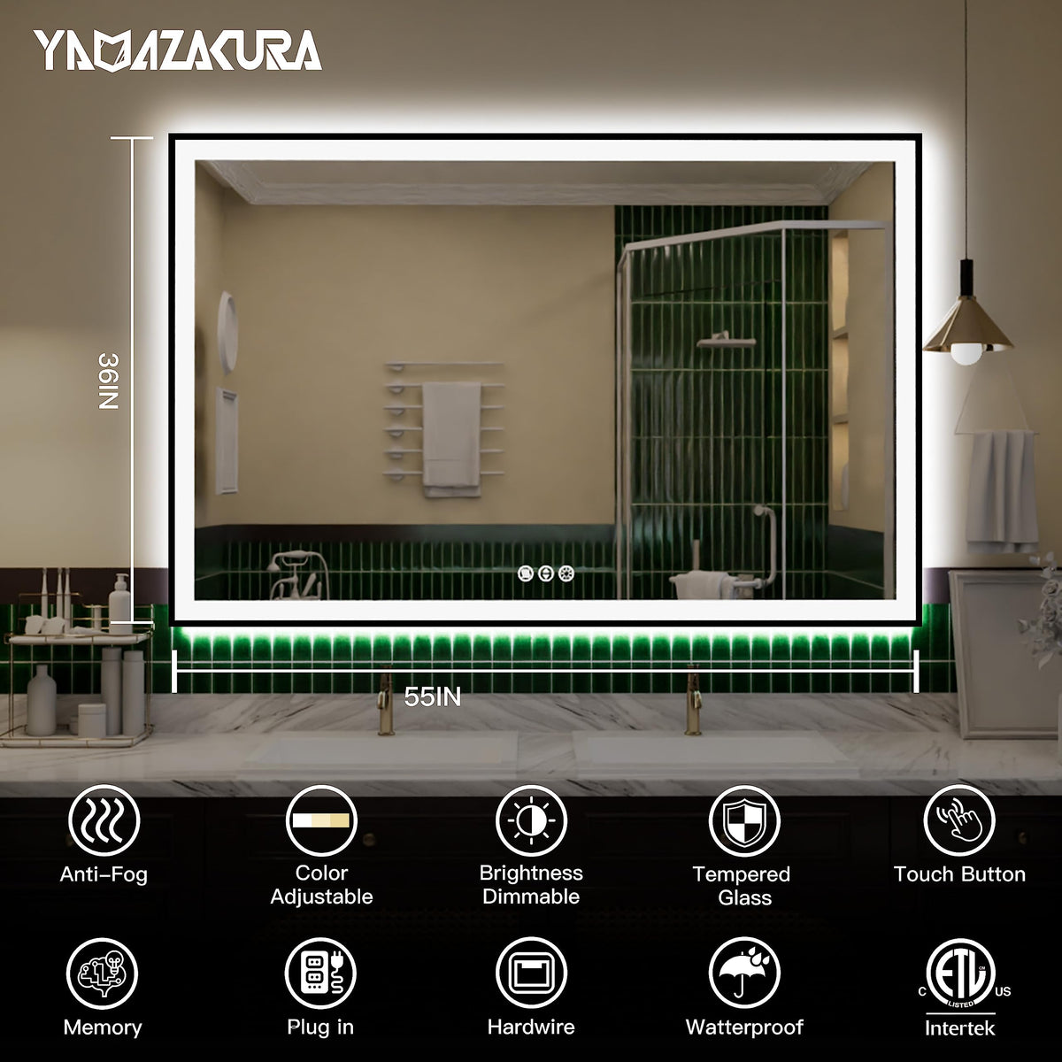 Yamazakura Large Light Bathroom Mirror 55X36 Backlit And Front Lighted ...