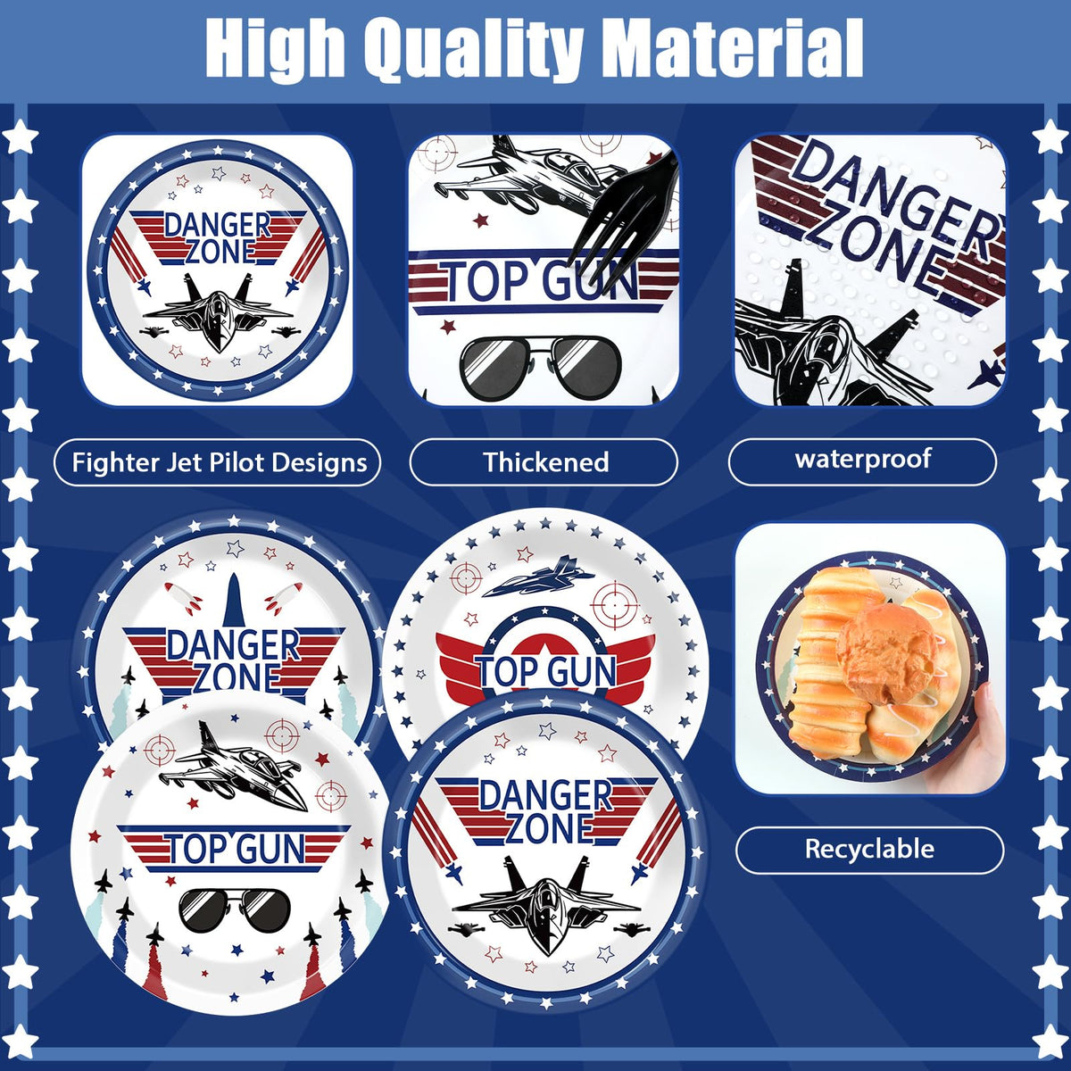 48Pcs Fighter Jet Pilot Birthday Party Paper Plates For Airplane Aviat ...