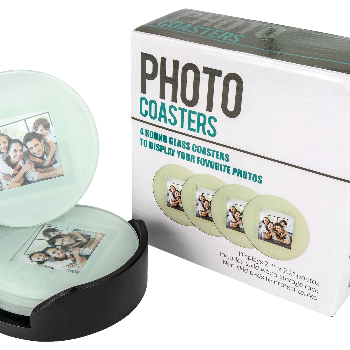 Glass Photo Frame Picture Coasters Circle with Wood Storage Rack (Set ...