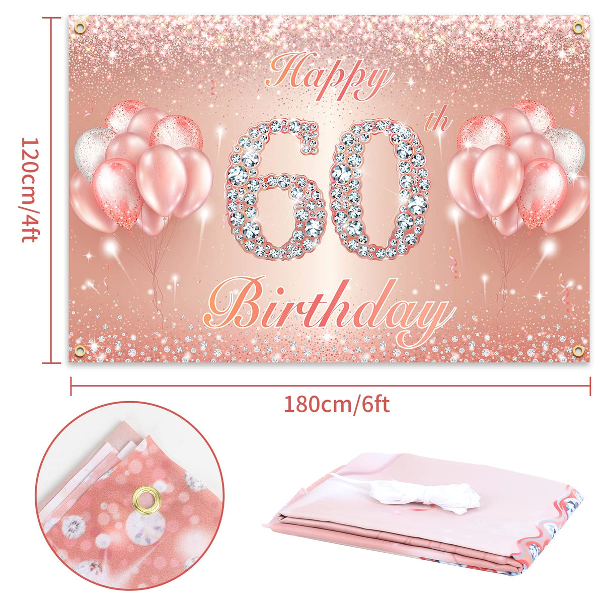 PAKBOOM Happy 60th Birthday Banner Backdrop - Rose Gold Polyester, 4x6 ...