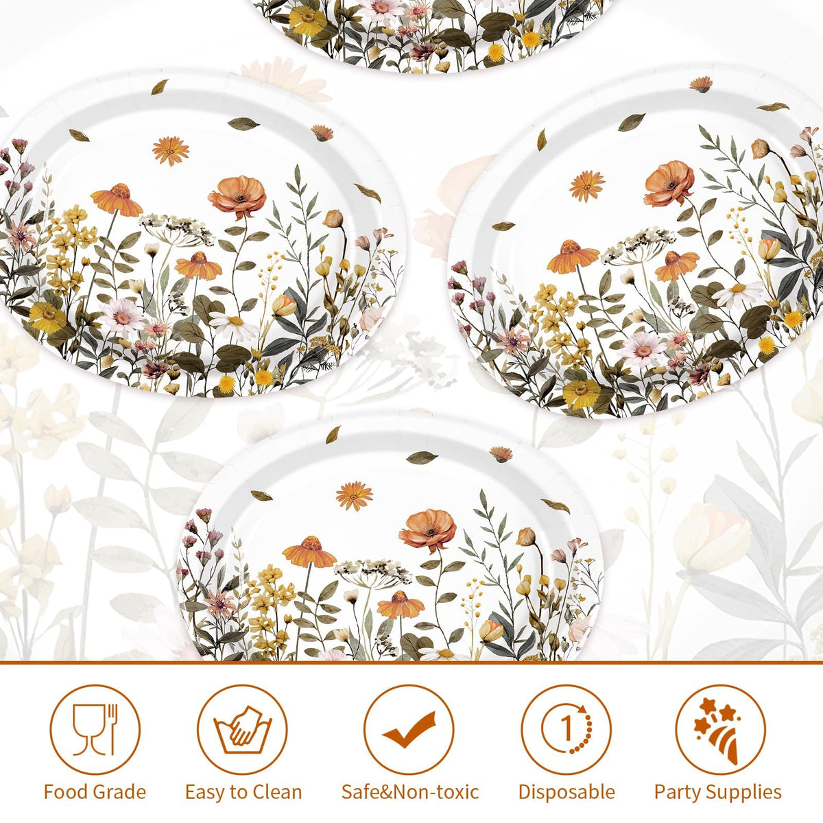 Grencian 50Pcs Large Disposable Wildflower Paper Plates 10" x 12" for ...
