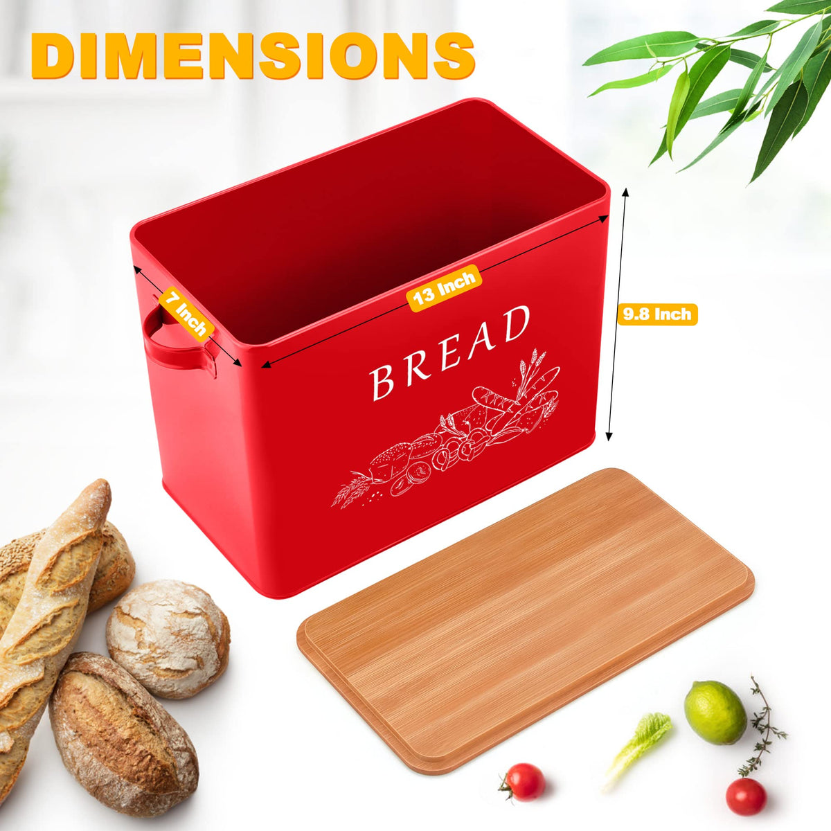 Lianyu Red Bread Box With Bamboo Lid For Kitchen Countertop, Large Far ...