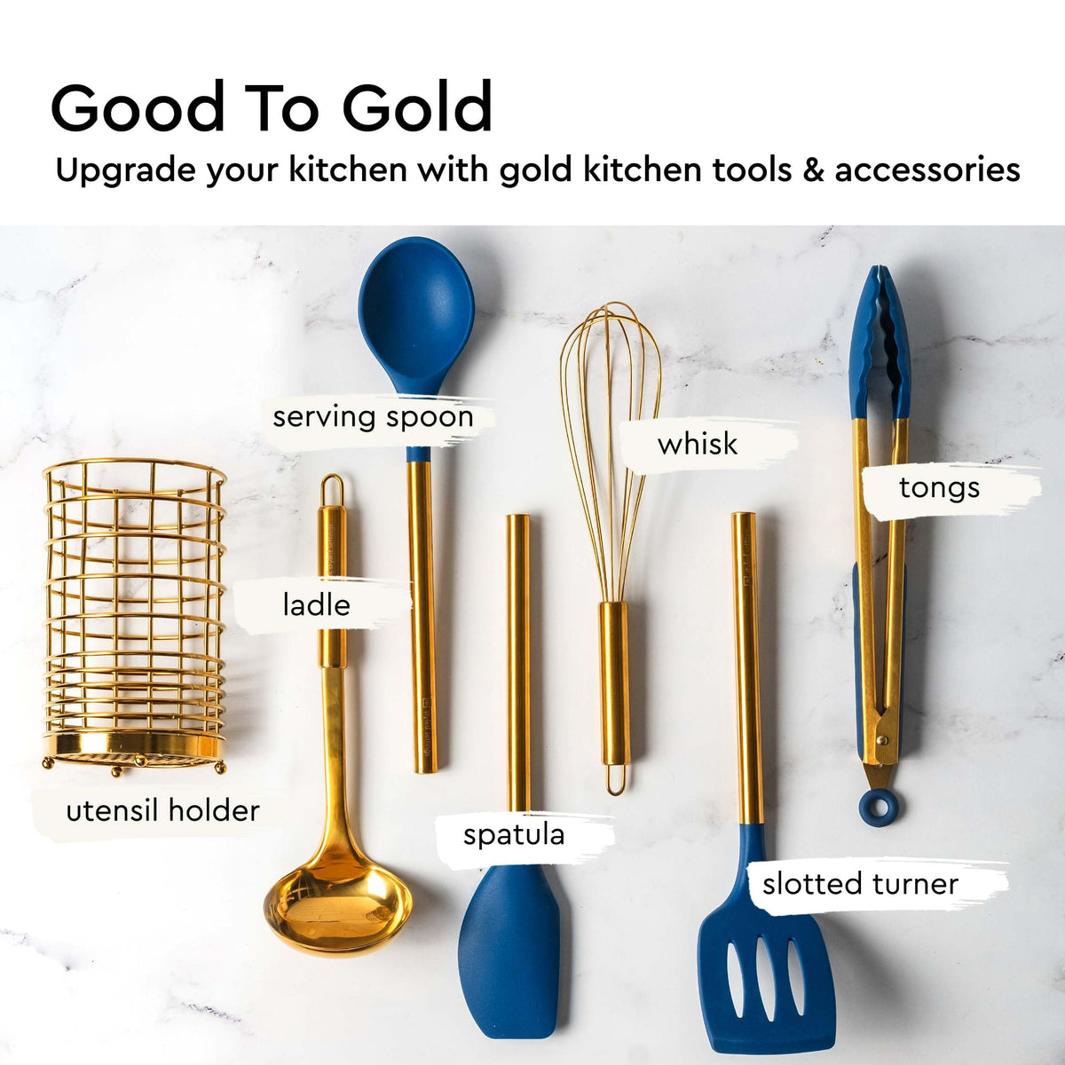 Gold And Navy Blue Kitchen Utensils - 7 Piece Navy Blue Utensils Set I ...