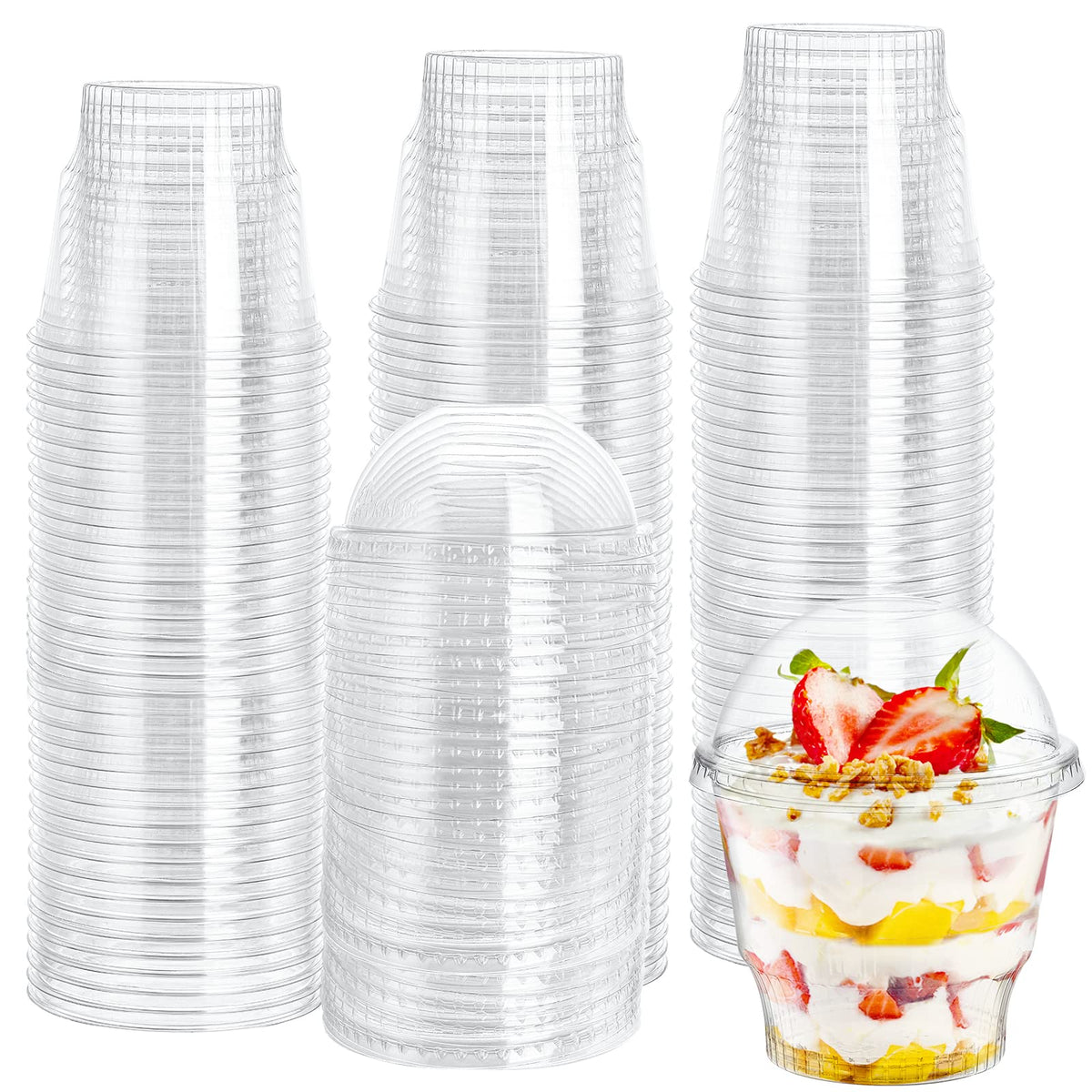 Lyellfe 100 Pack Dessert Cups With Dome Lids, 12 Oz Clear Plastic Cups ...