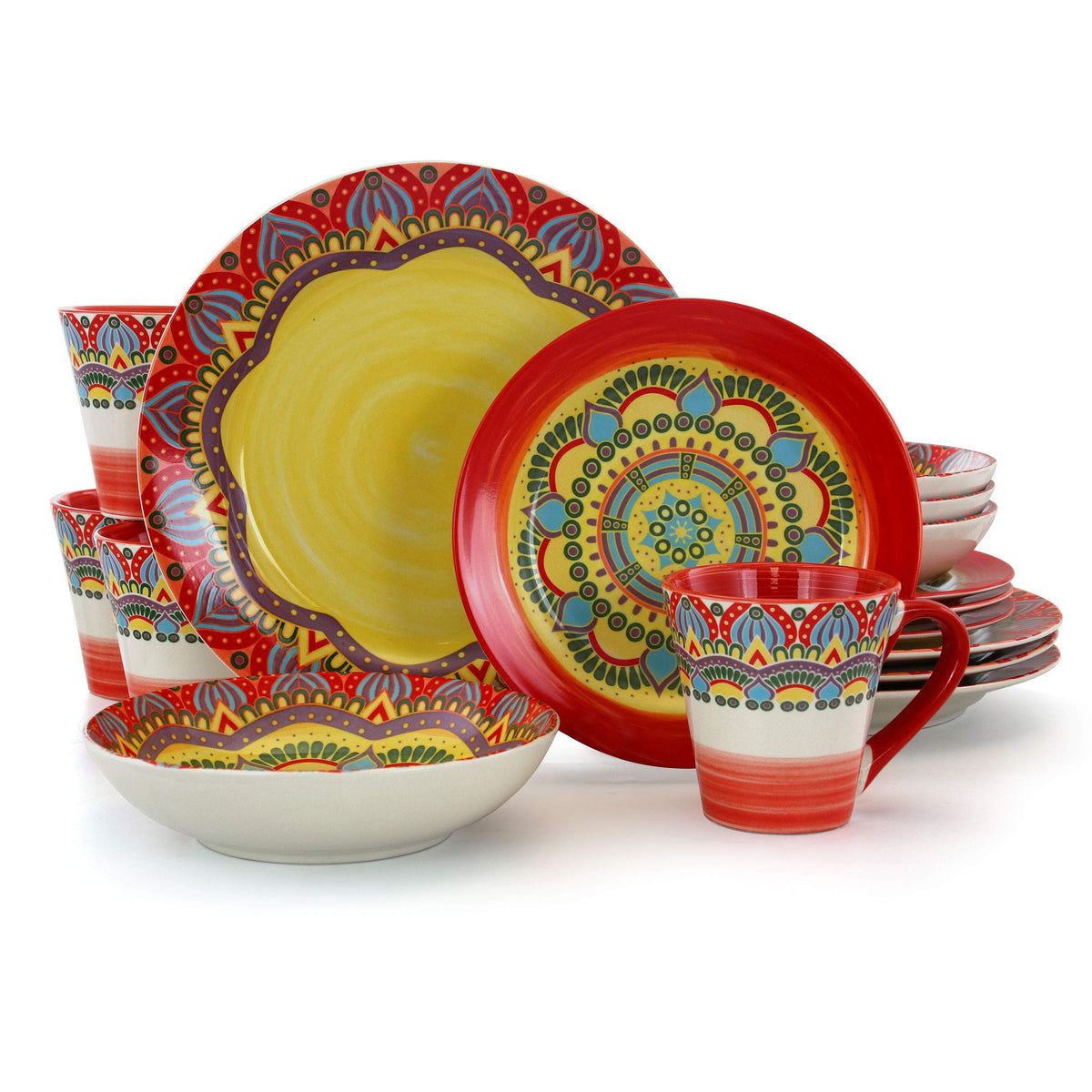 Elama Multicolored Round Stoneware Mandala Pattern Dinnerware Set, 16 ...
