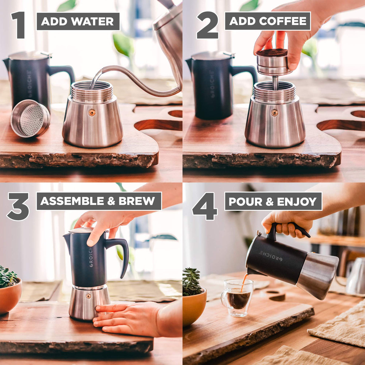 GROSCHE Milano Steel Stovetop Espresso Maker | 10 Espresso Cups | Dish ...