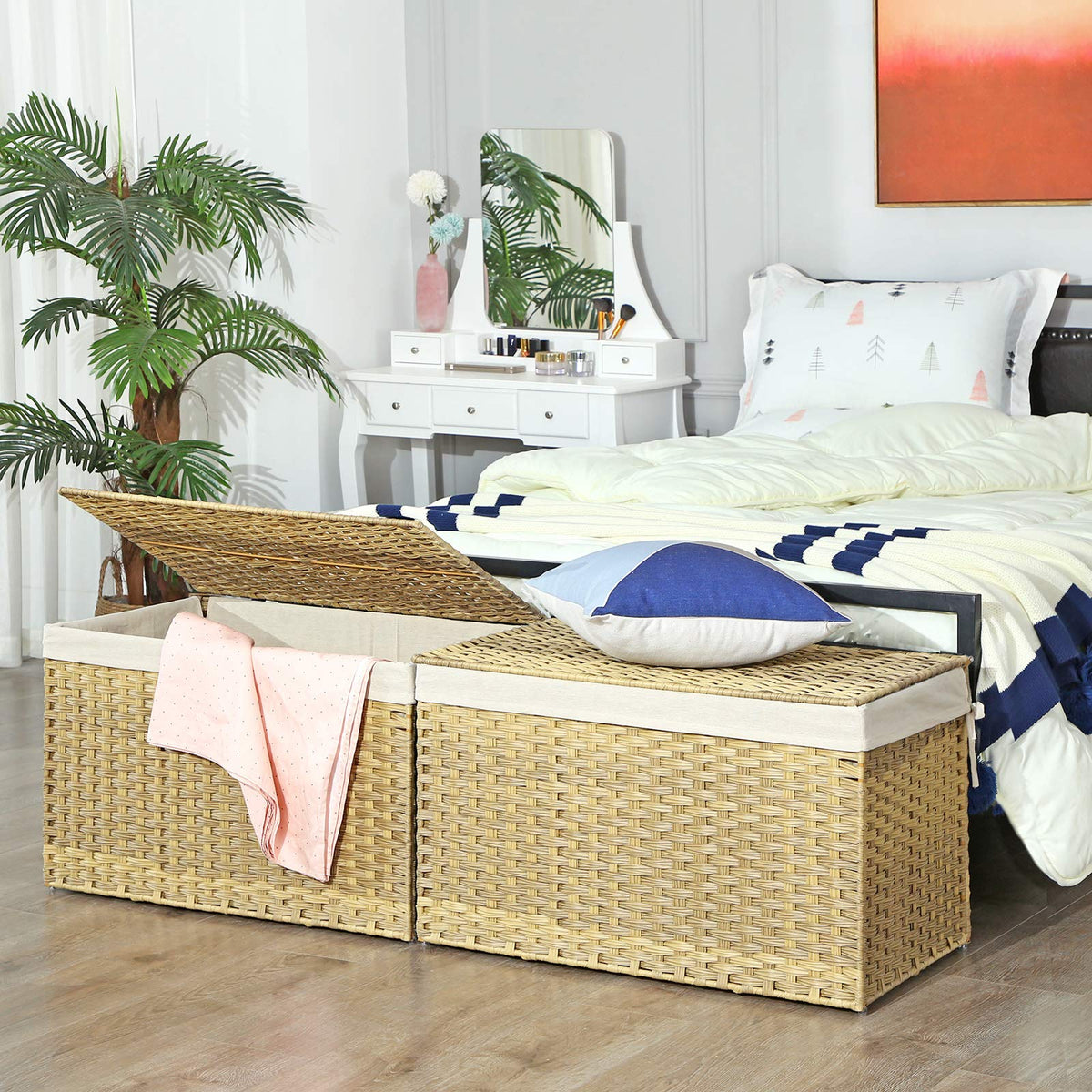 SONGMICS Storage Basket with Lid Rattan-Style Storage Trunk with Cotto ...