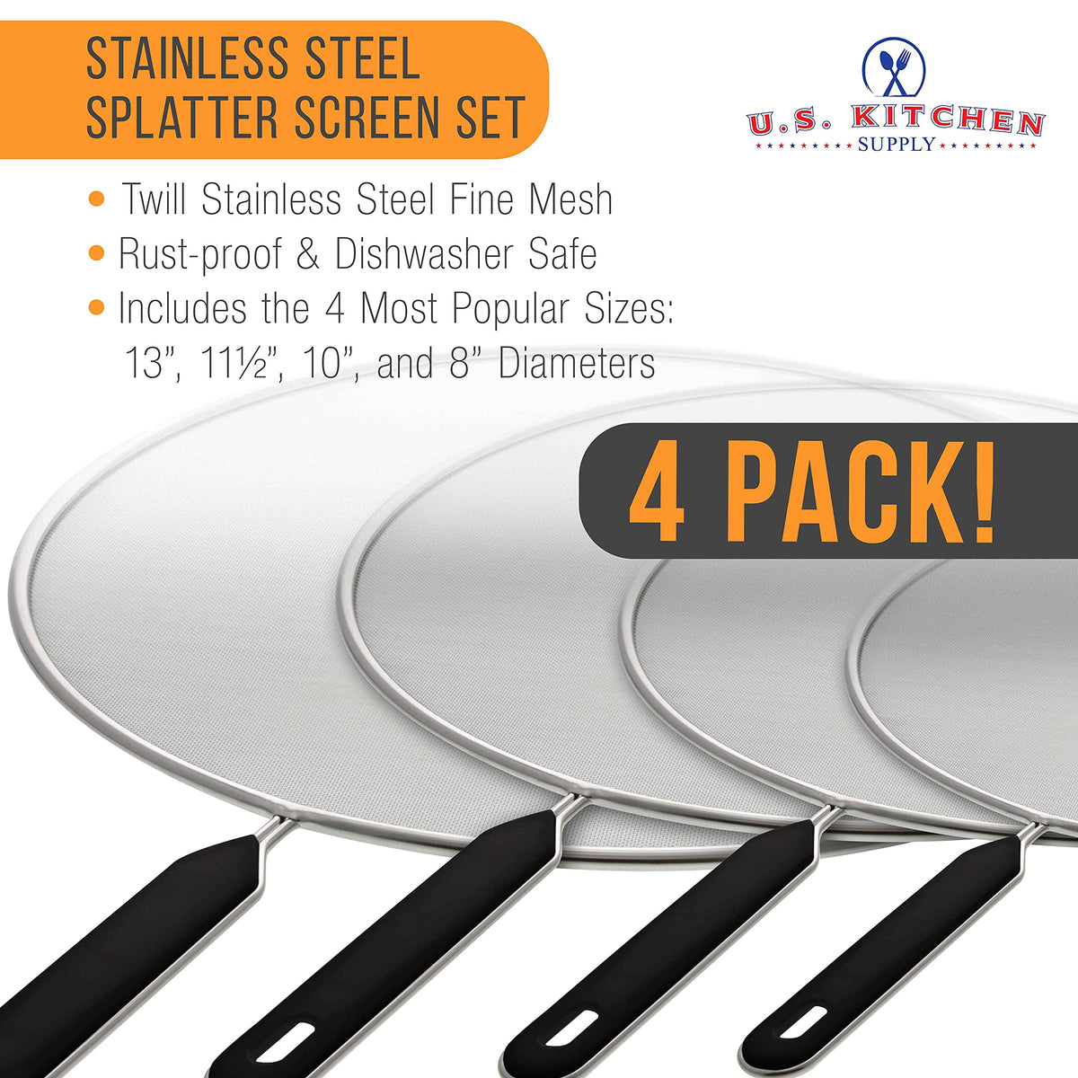 U.S. Kitchen Supply Set Of 4 Classic Splatter Screens, 13'', 11.5'', 1 ...