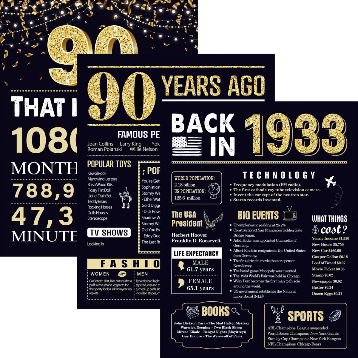 90 Years Ago 90th Birthday Wedding Anniversary Poster 3 Pieces 11 x 14 ...